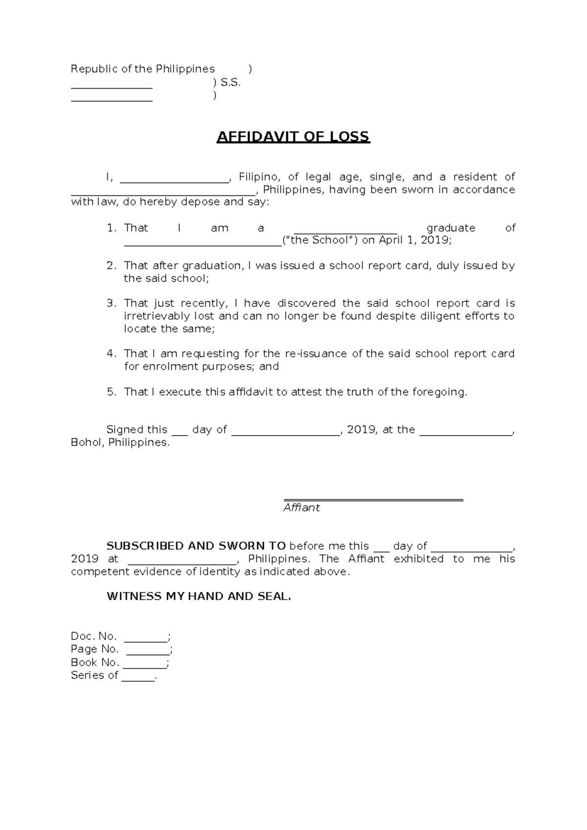 Affidavit of Loss Template - Philippines Legal Document - Studocu