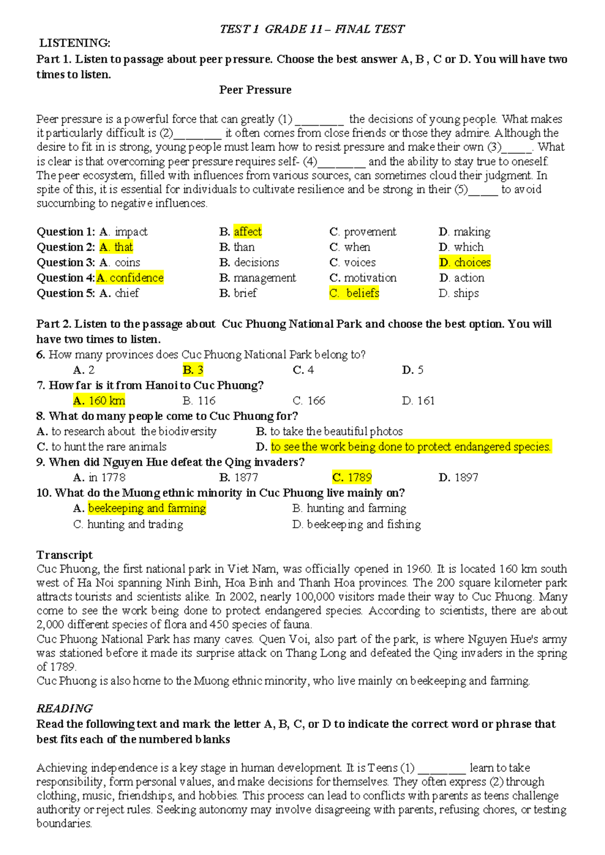 HƯỚNG DẪN TEST 1 GRADE 11 FINAL TEST LISTENING & READING - Studocu