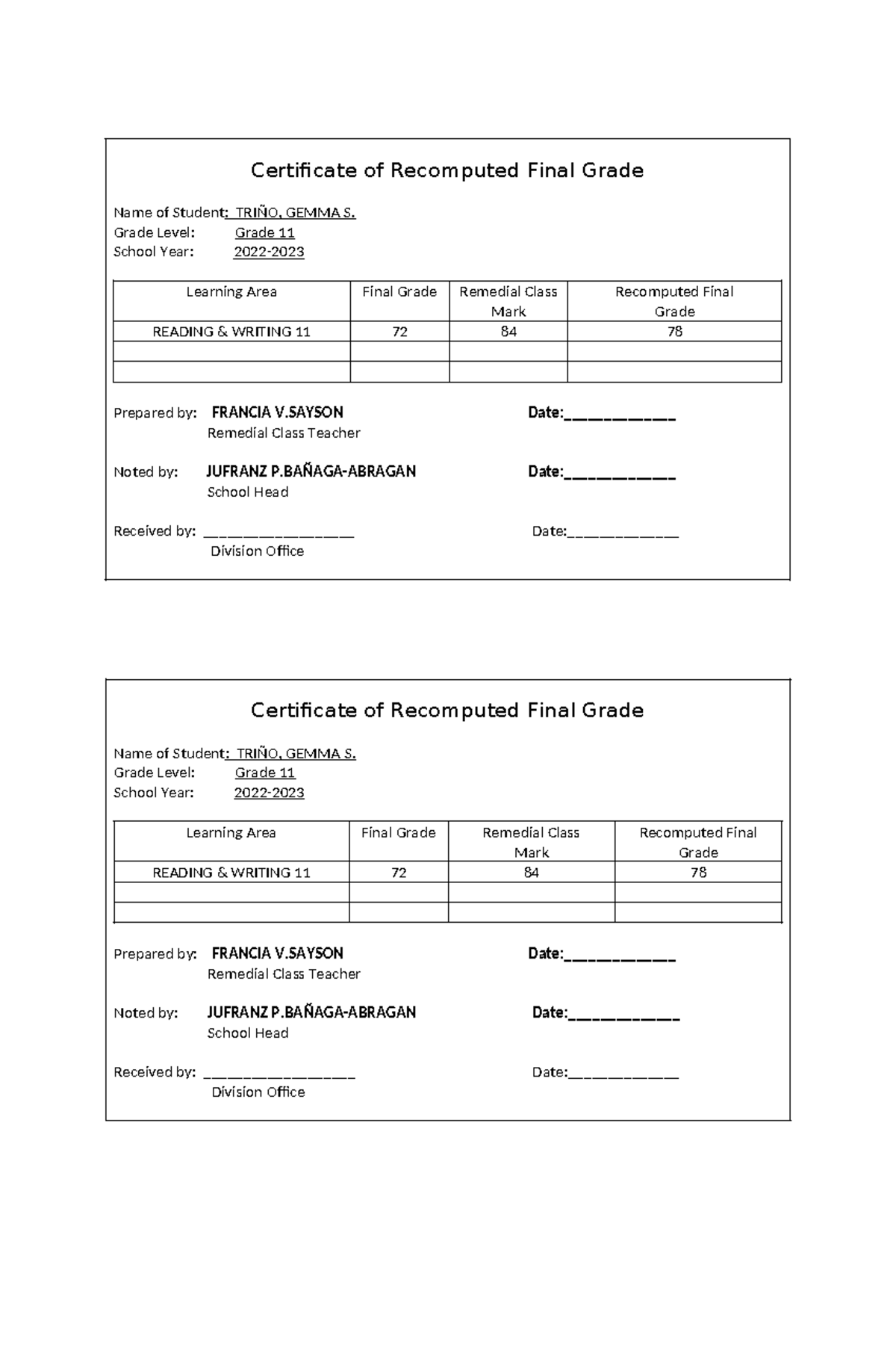 Certificate of Recomputed Final Grade - Grade Level: Grade 11 School Year: 2022- Learning Area ...