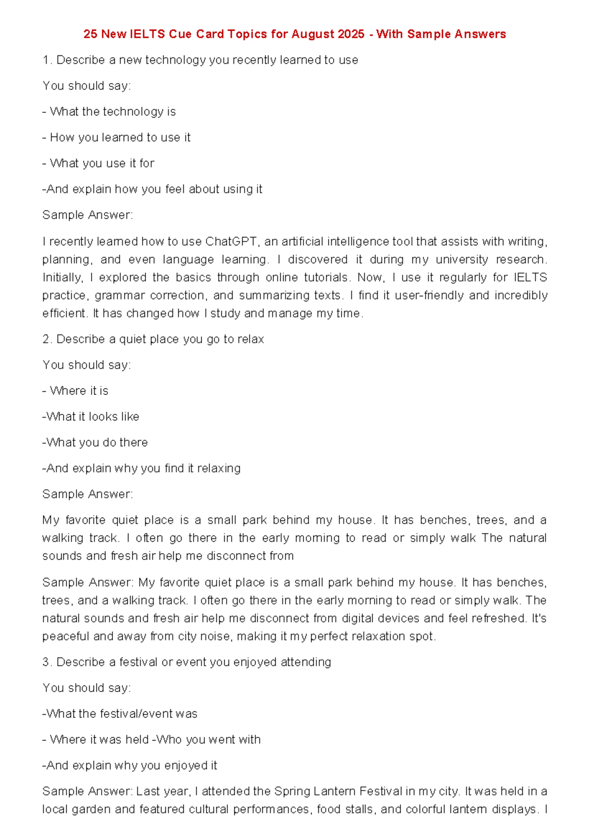 25 New IELTS Cue Card Topics & Sample Answers for Aug 2025 - Studocu