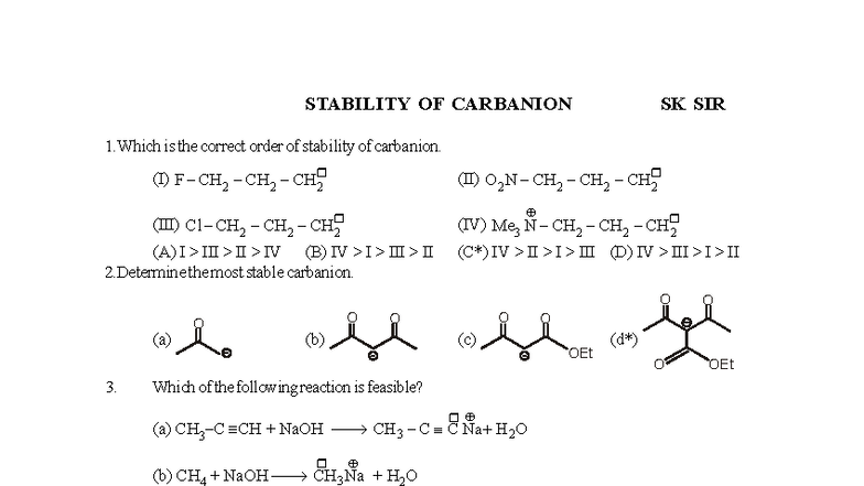 Stability of Carbanions: Order and Feasibility Analysis - Studocu