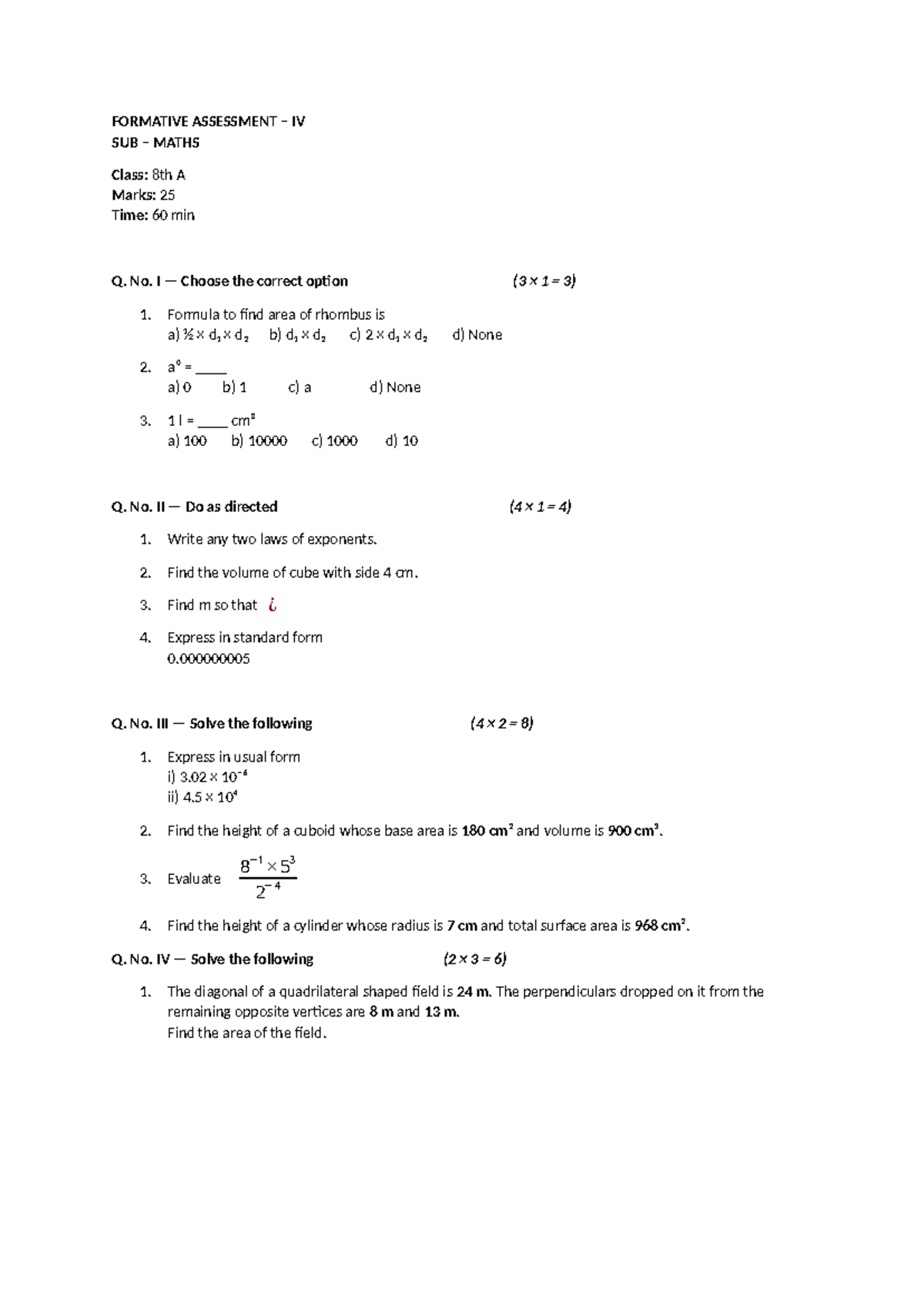 Formative Assessment IV - Maths Class 8A (Marks: 25) - Studocu