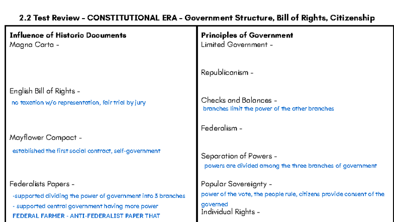 2.2 Test Review: Constitutional Era & Bill of Rights Overview - Studocu