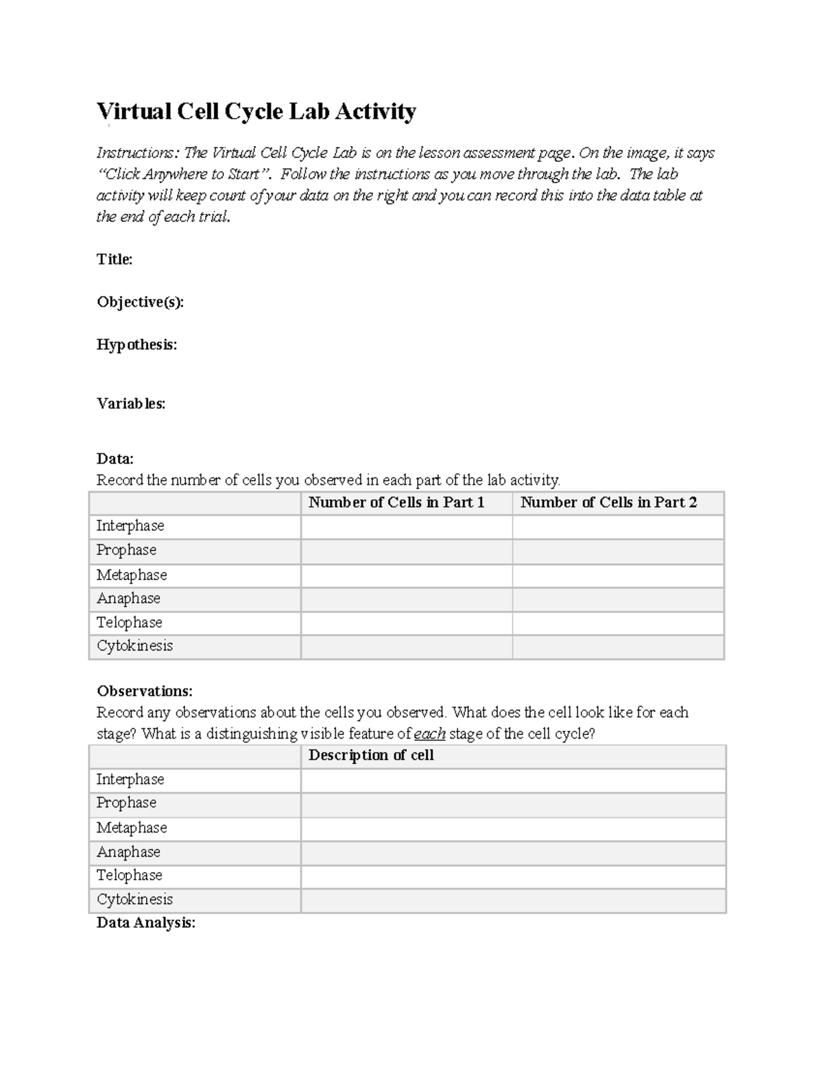 Virtual Cell Cycle Lab Report Template (03 01) - Studocu