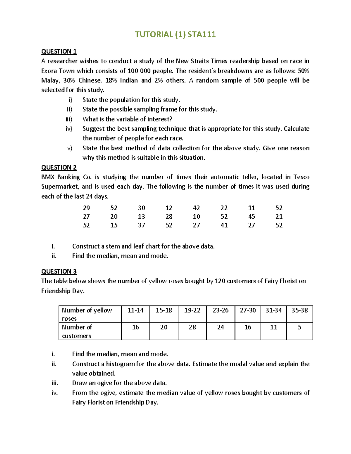 Tutorial 1 - STA111: Analyzing Statistical Techniques and Data - Studocu