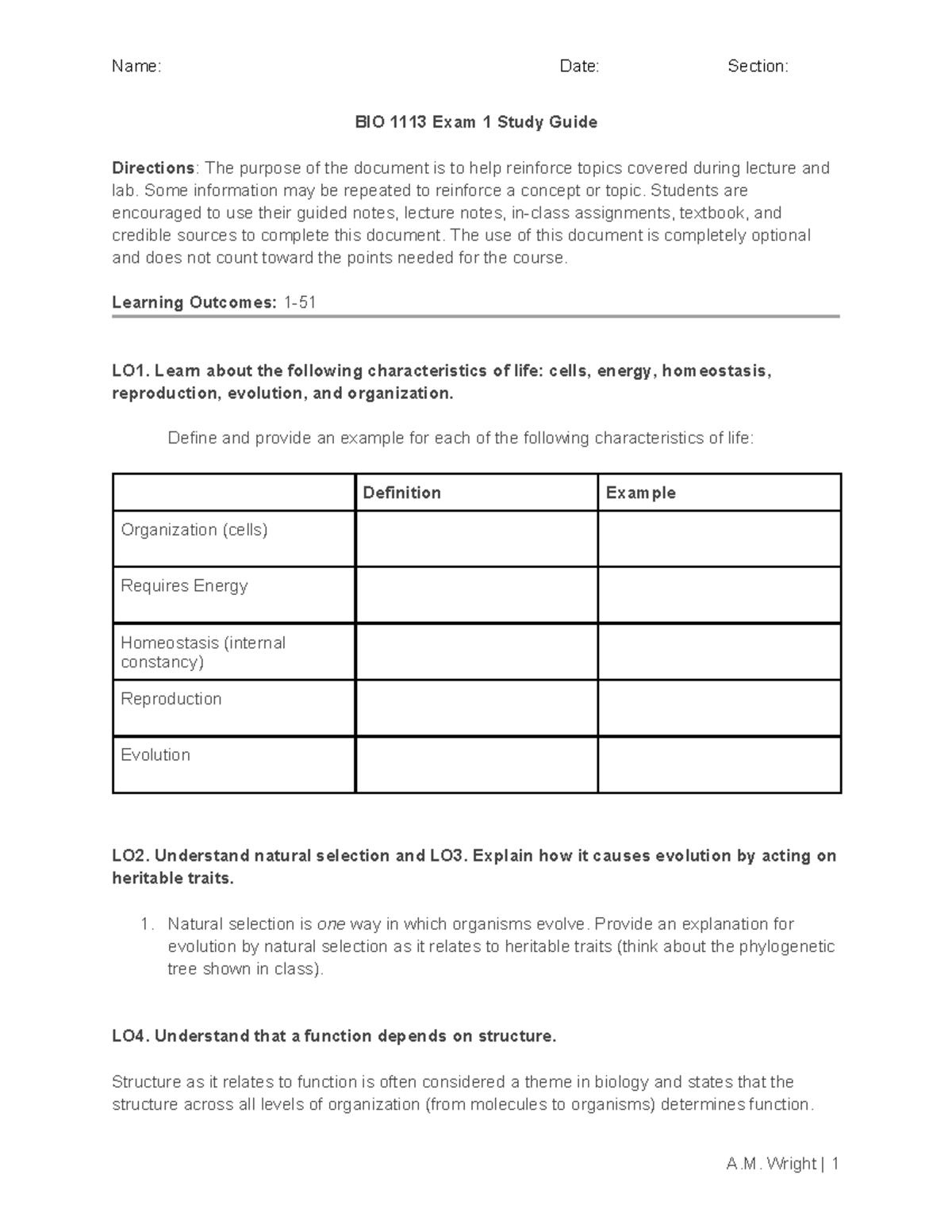 BIO 1113 Exam 1 Study Guide: Key Concepts & Learning Outcomes - Studocu