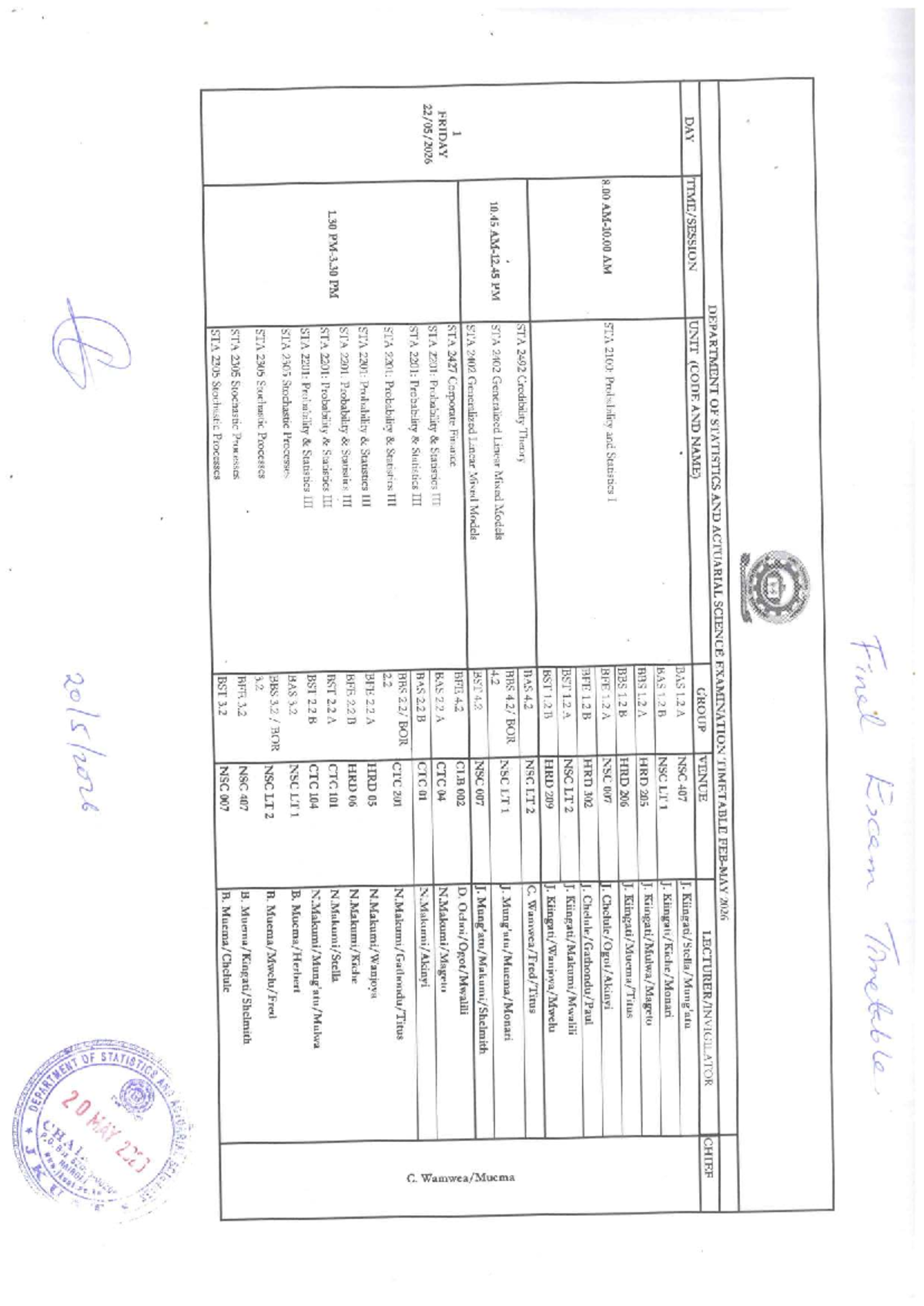 Final Exam Timetable for Statistics and Actuarial Science 2026 - Studocu