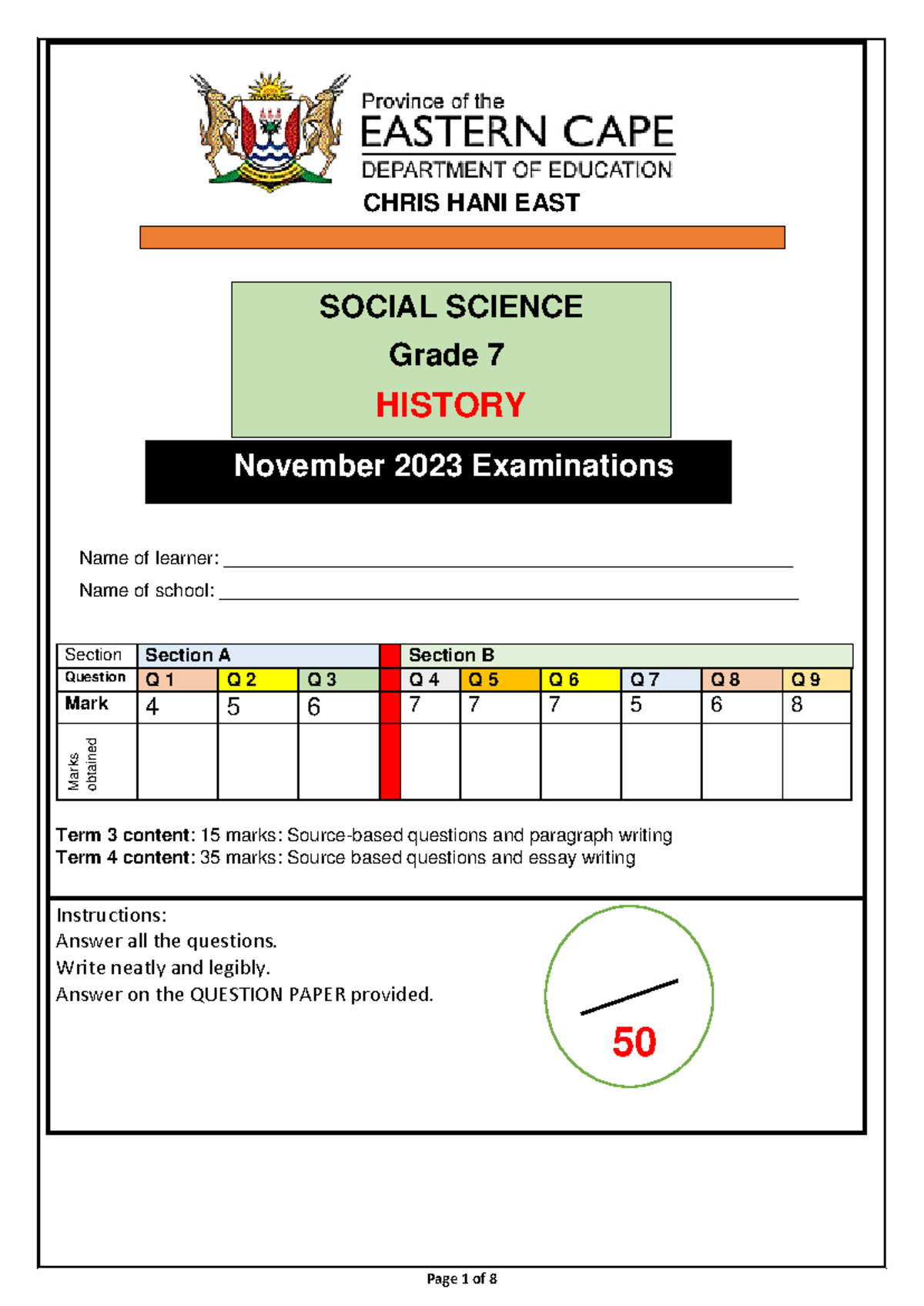Grade 7 History November 2023 Exam Paper: Term 3 & 4 Content - Studocu
