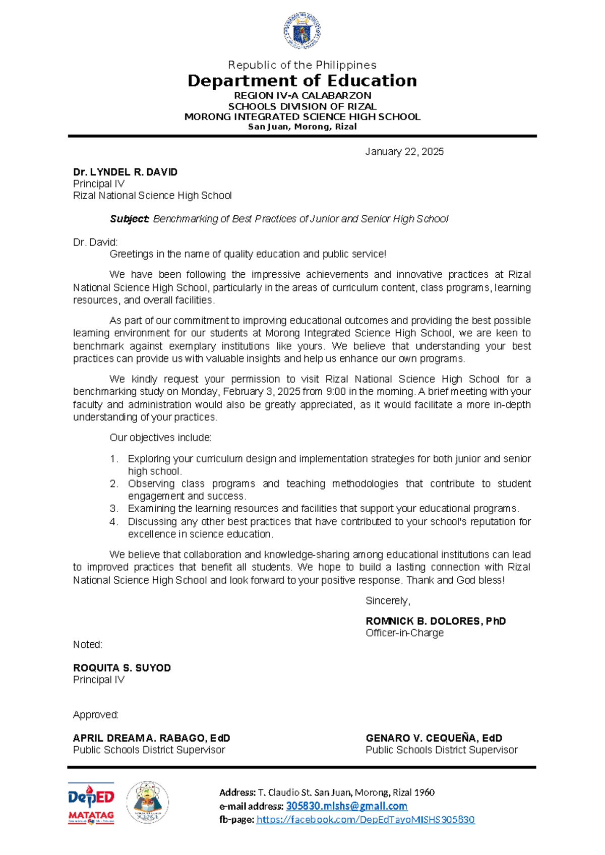 Title: Benchmarking Request Letter for Junior & Senior High Schools ...