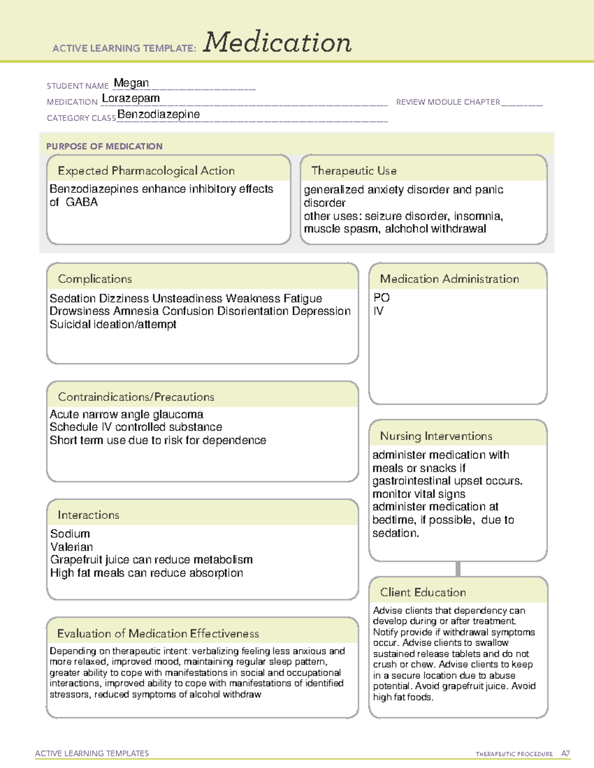 Active Learning Template: Lorazepam Medication Overview - Studocu