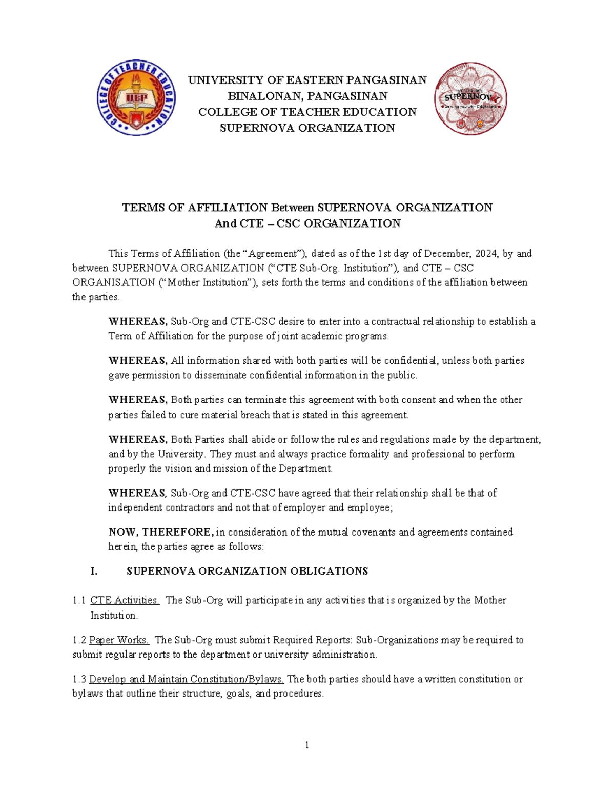 TERMS OF AFFILIATION: SUPERNOVA & CTE-CSC Agreement Details - Studocu