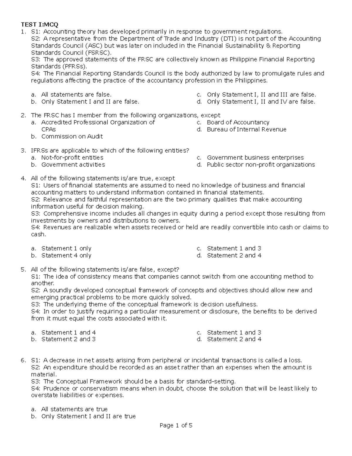TEST I & II: MCQs on Conceptual Framework in Accounting - Studocu