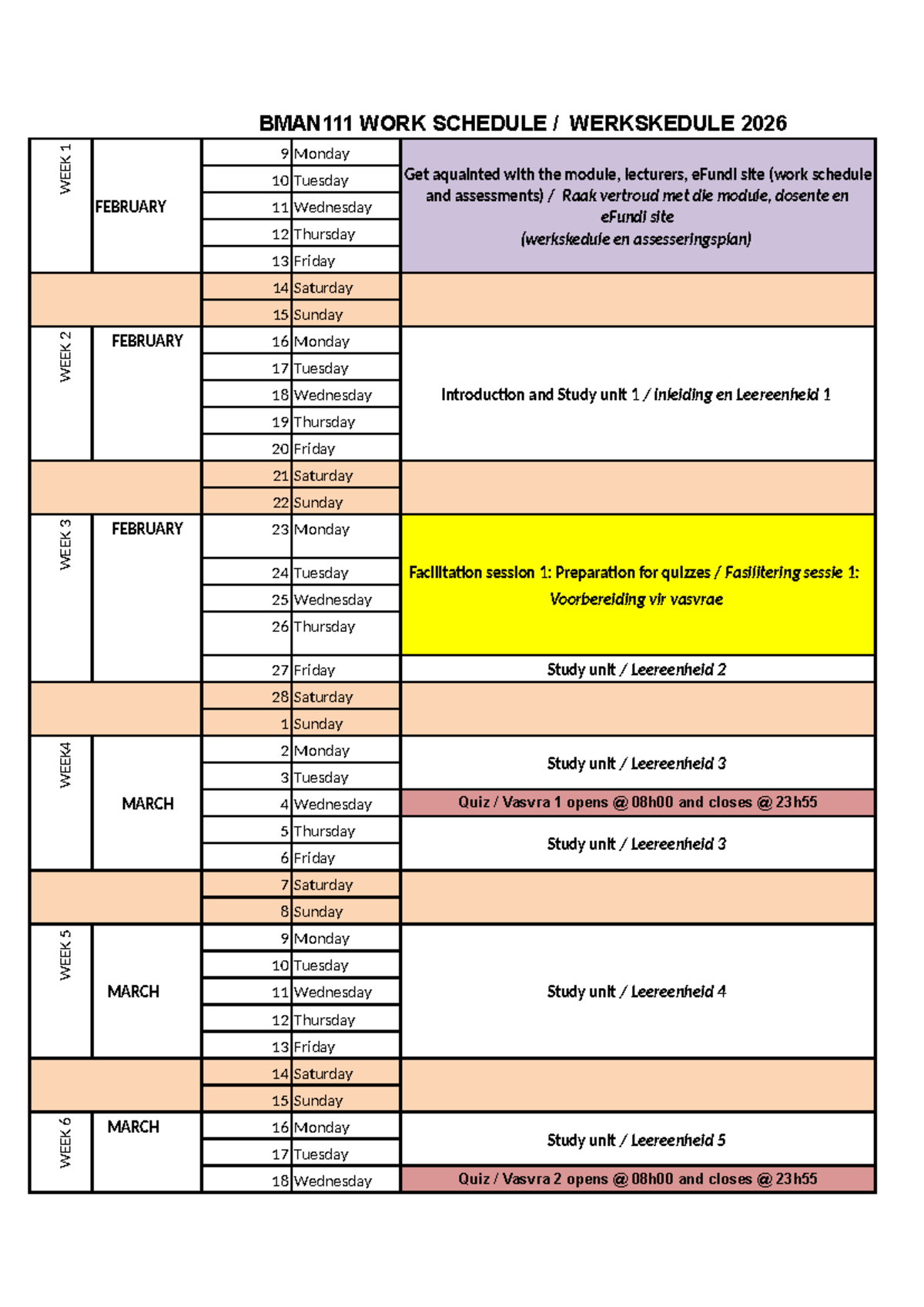 BMAN111 2026 Work Schedule: Weekly Overview and Assessments - Studocu