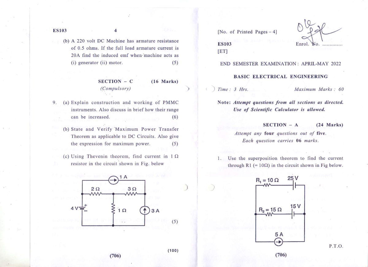 ES103 Final Exam: Basic Electrical Engineering Question Paper 2022 ...
