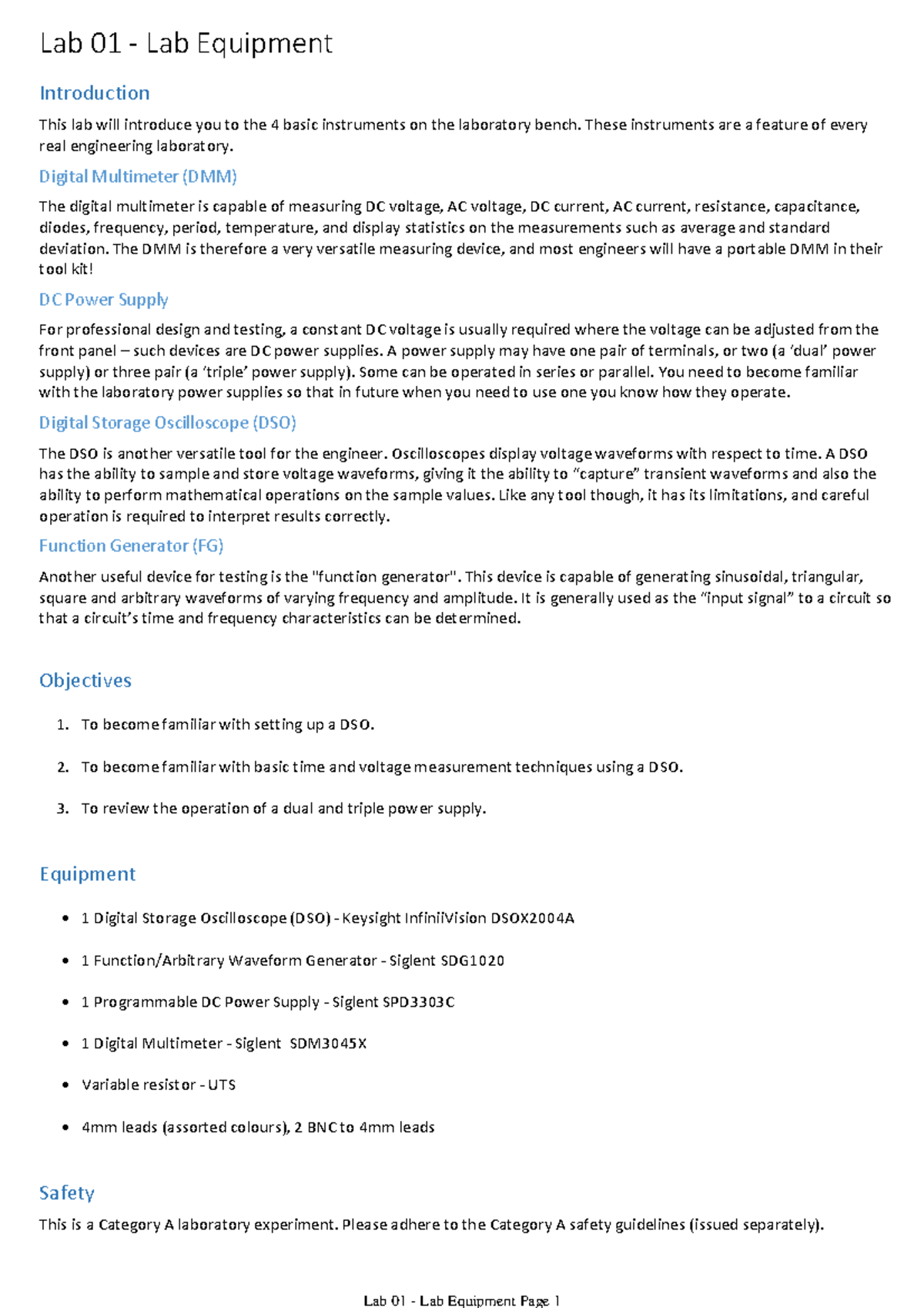 Lab 1 equipment and description - Introduction This lab will introduce ...