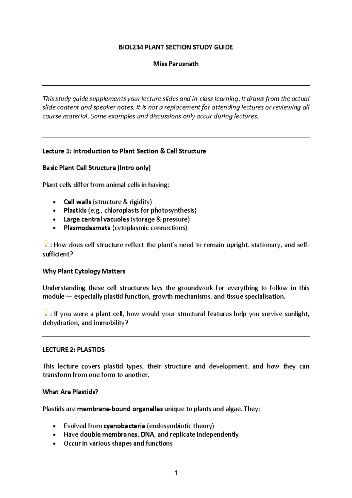 BIOL234 PLANT SECTION STUDY GUIDE: Key Concepts & Lecture Highlights ...