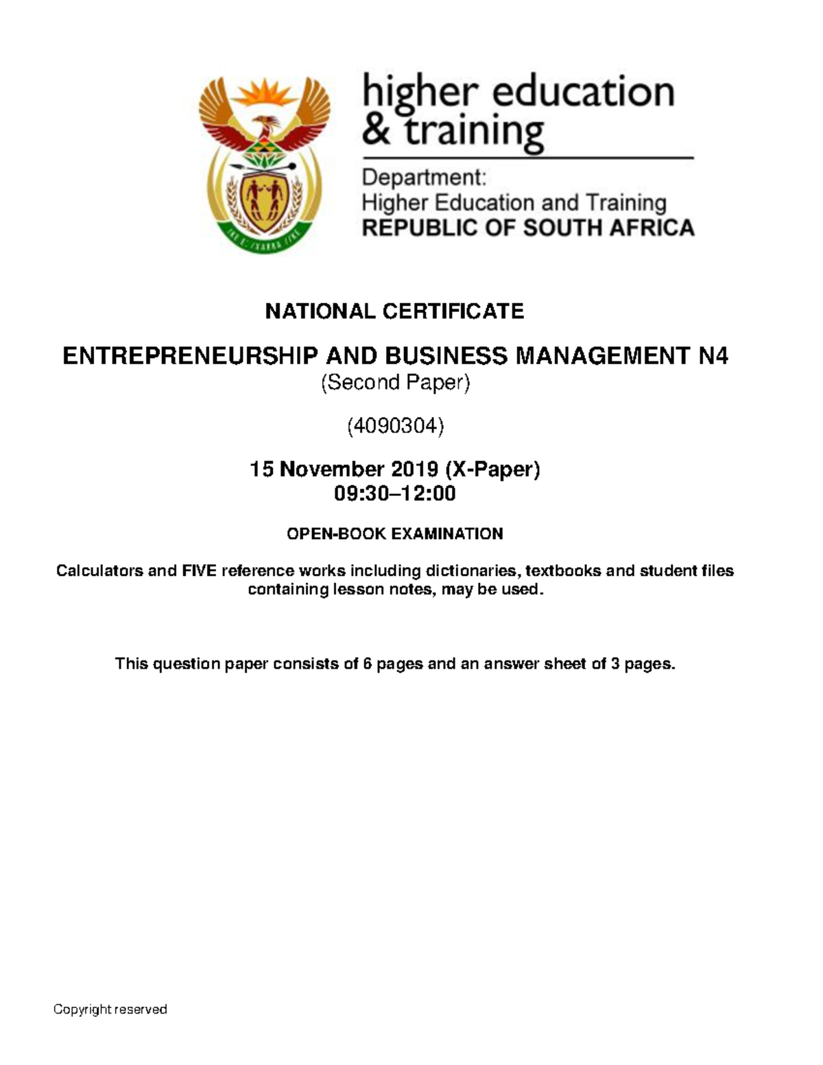 N450 - Entrepreneurship & Business Management N4 P2 Exam Nov 2019 - Studocu