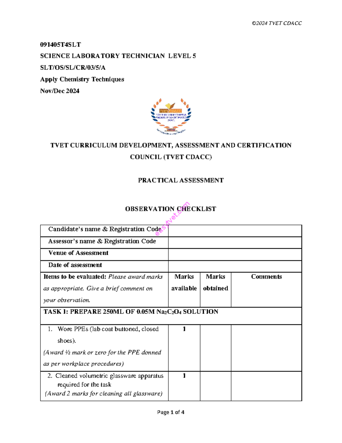 TVET CDACC 091405T4SLT Level 5 Chemistry Lab Practical Assessment 2024 ...