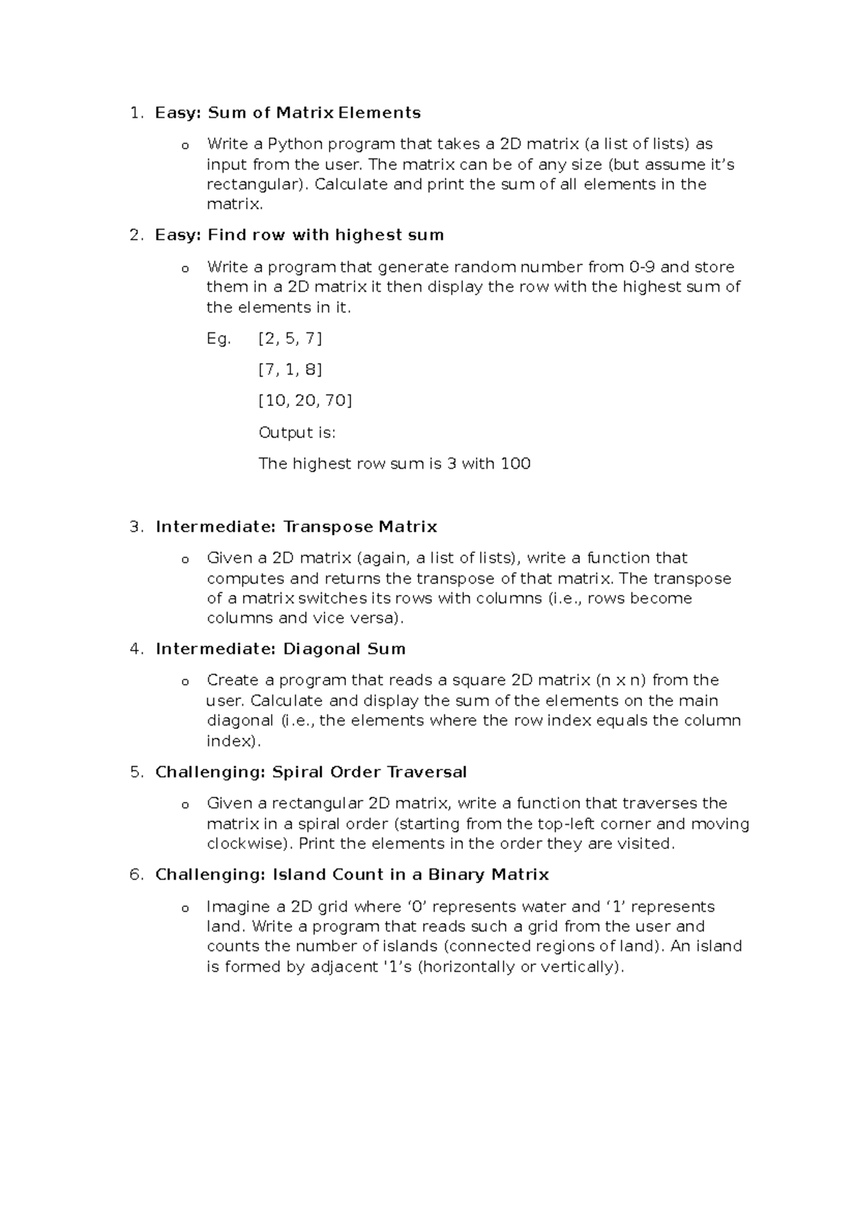 2D Matrix Problems - Practice Questions for Coding Skills - Studocu