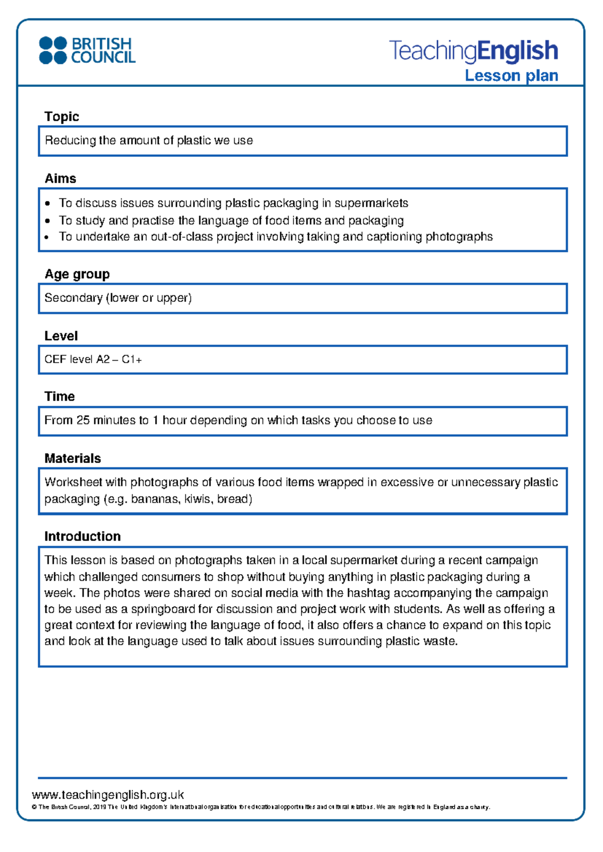 Plastic waste Lesson plan - teachingenglish.org Topic Reducing the ...