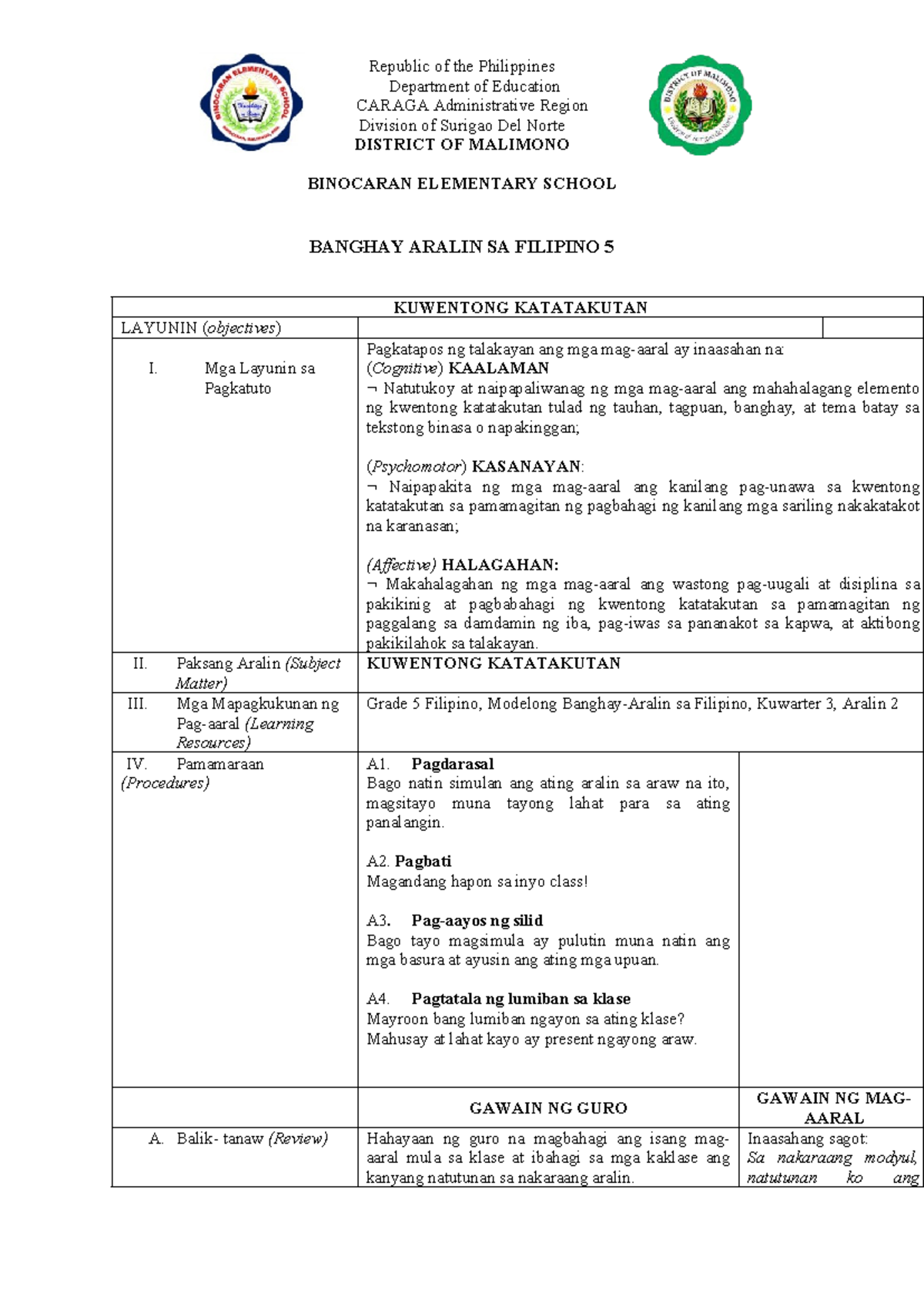 Filipino 5 Week 2 Lesson Plan: Kuwentong Katatakutan Activities - Studocu
