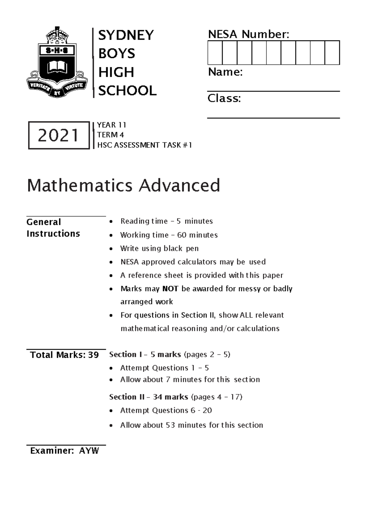 SBHS 2021 Year 11 Mathematics Advanced HSC Assessment Task - Studocu