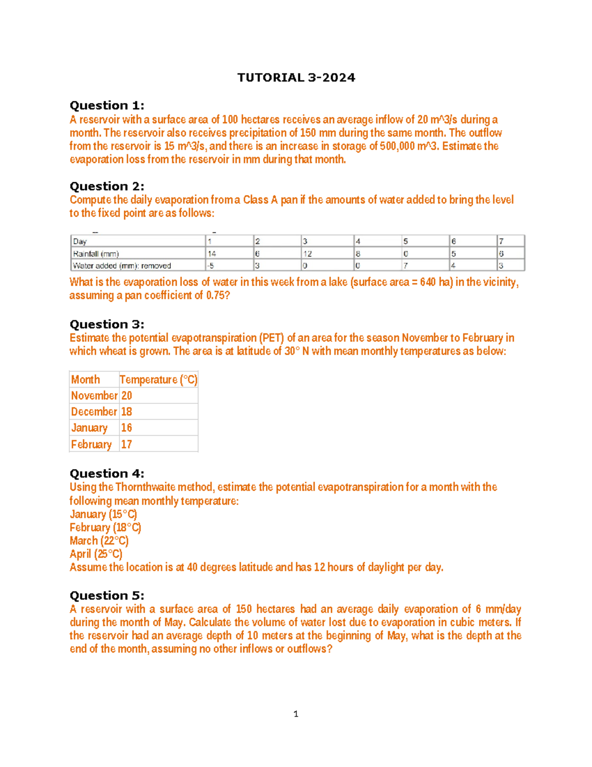Tutorial 3-2024-CE 244 - TUTORIAL 3- Question 1: A reservoir with a ...