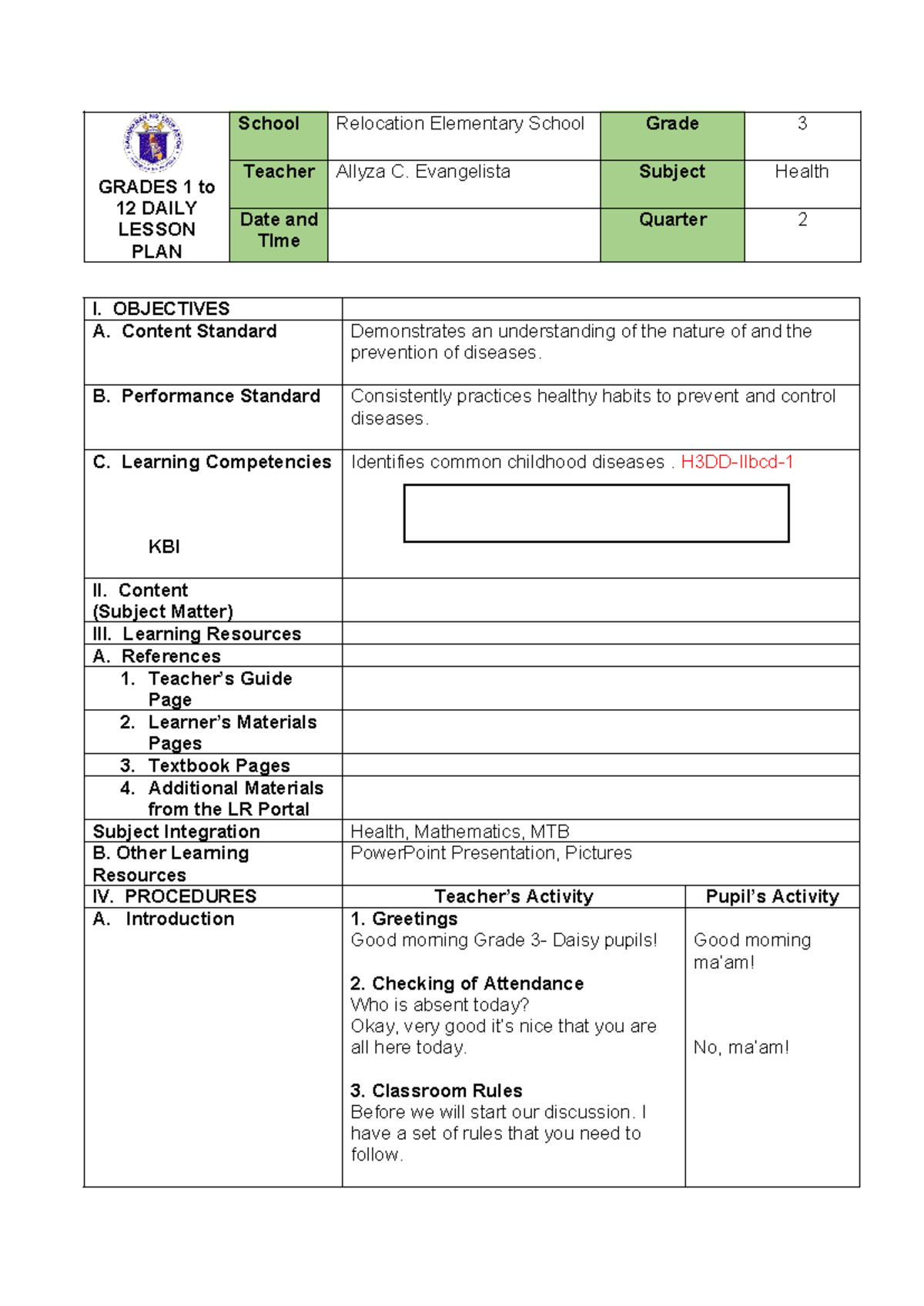 Health-2-allyza: Grade 3 Health Lesson Plan on Disease Prevention - Studocu