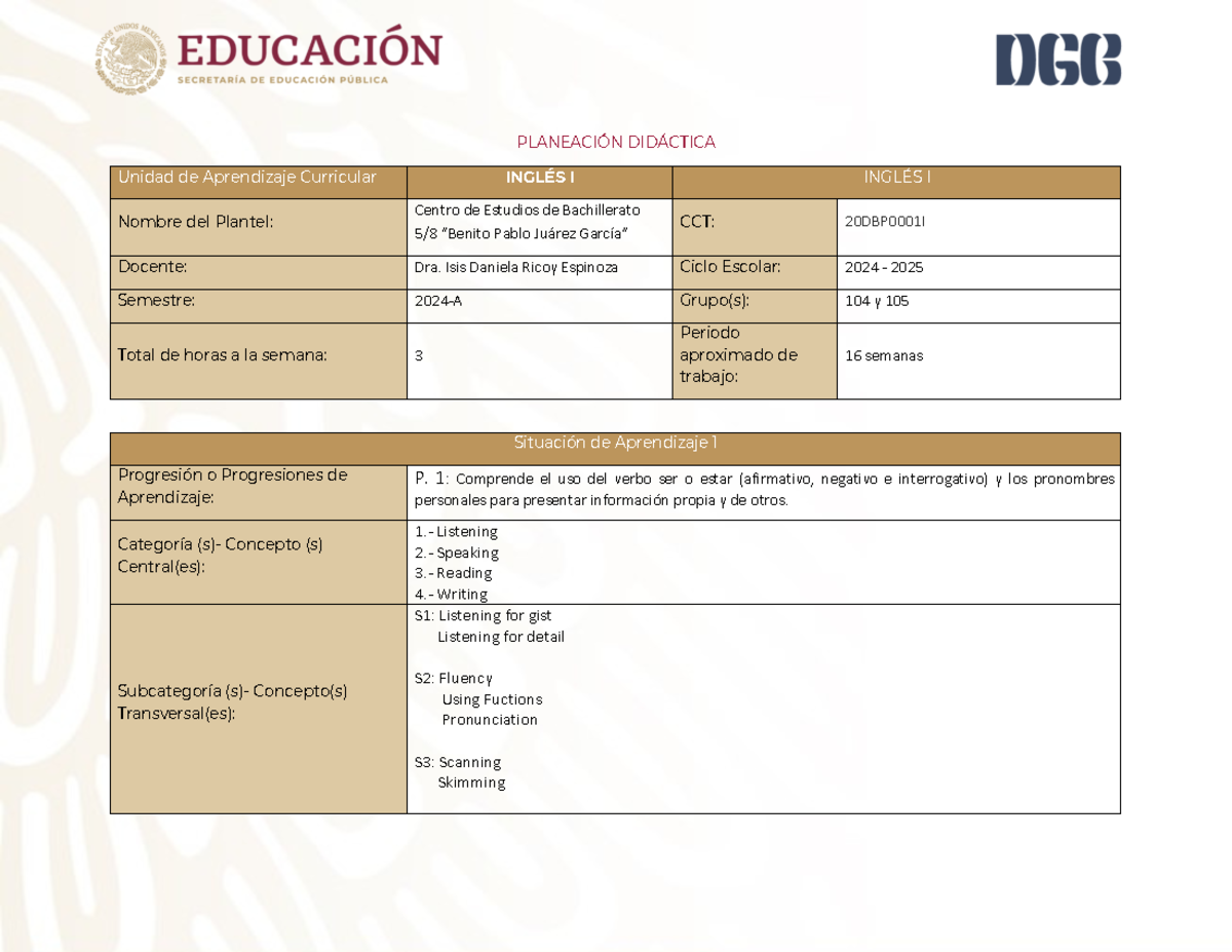 Planeación Didáctica de Inglés I - Ciclo 2024-2025 - Studocu