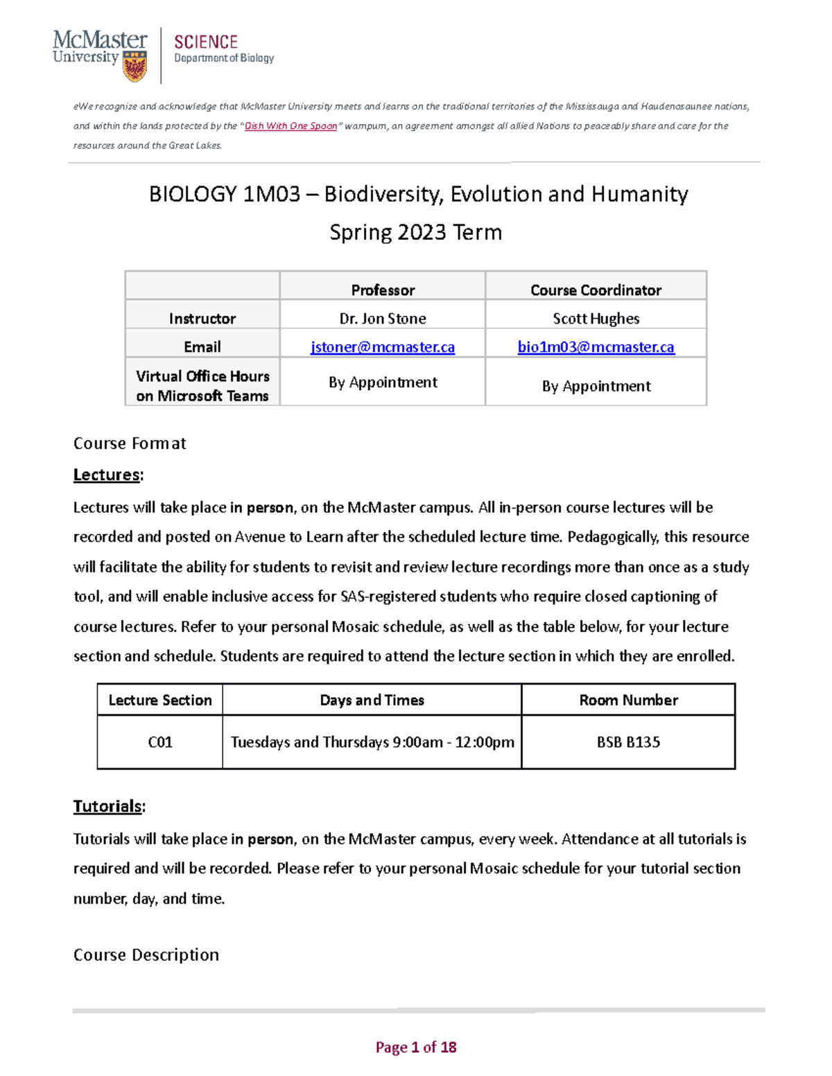 Bio1M03 Course Outline S2023 - eWe recognize and acknowledge that McMaster University meets and ...