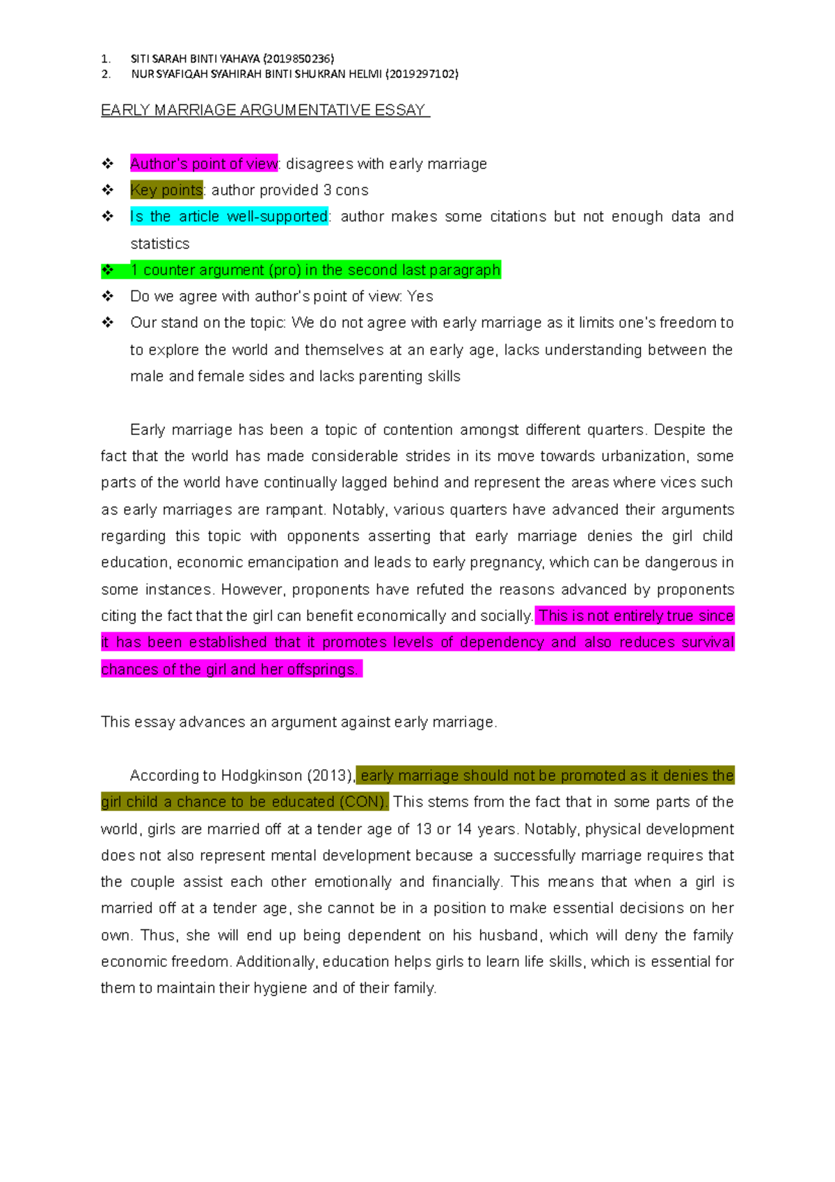Argumentative Essay on Early Marriage: A Critical Analysis (ENG 101 ...