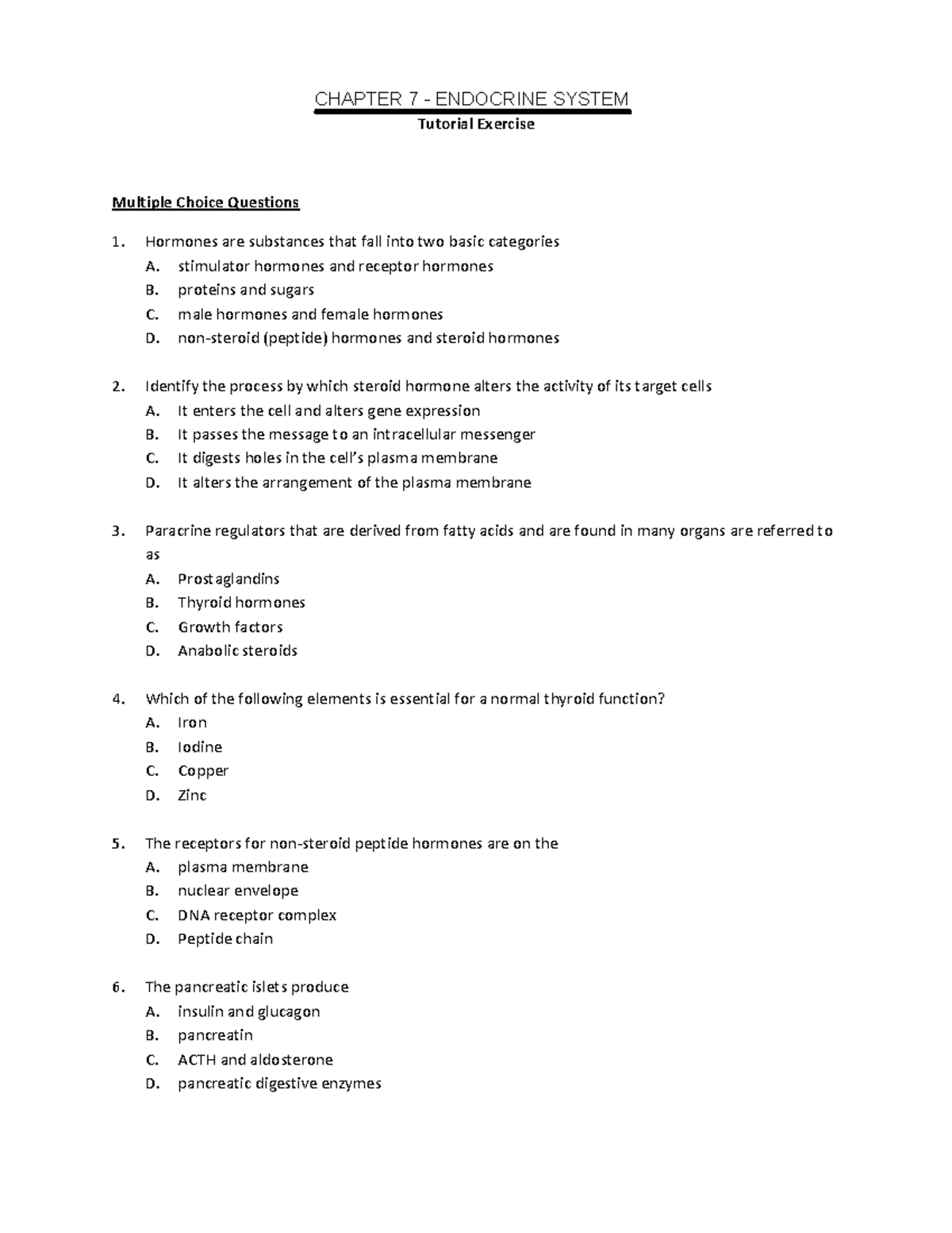 Question Tutorial 7 Endocrine System 2 - Tutorial Exercise Topic 1 ...