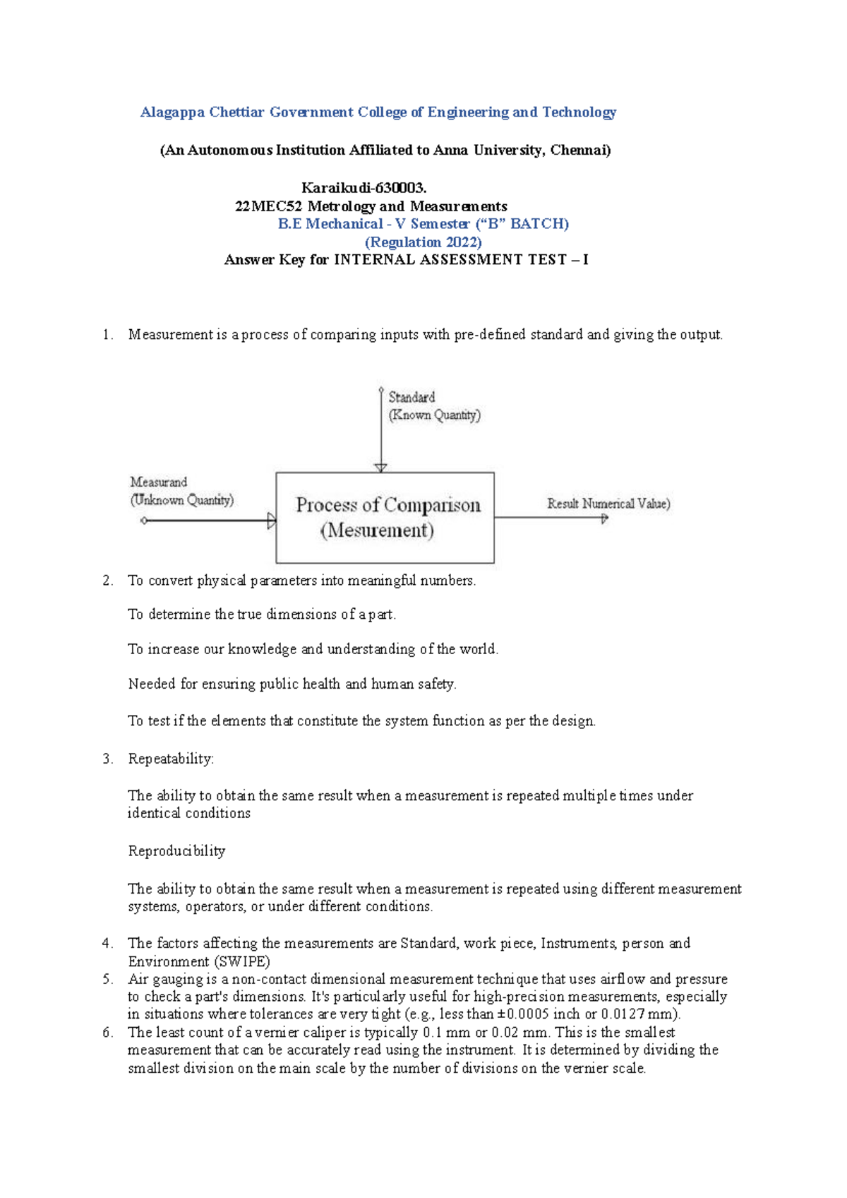 Answer Key for 22MEC52 Metrology and Measurements - IA Test I - Studocu