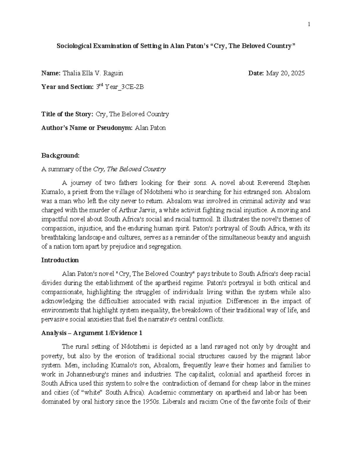 Sociological Analysis of Setting in "Cry, The Beloved Country" (ENG 101 ...