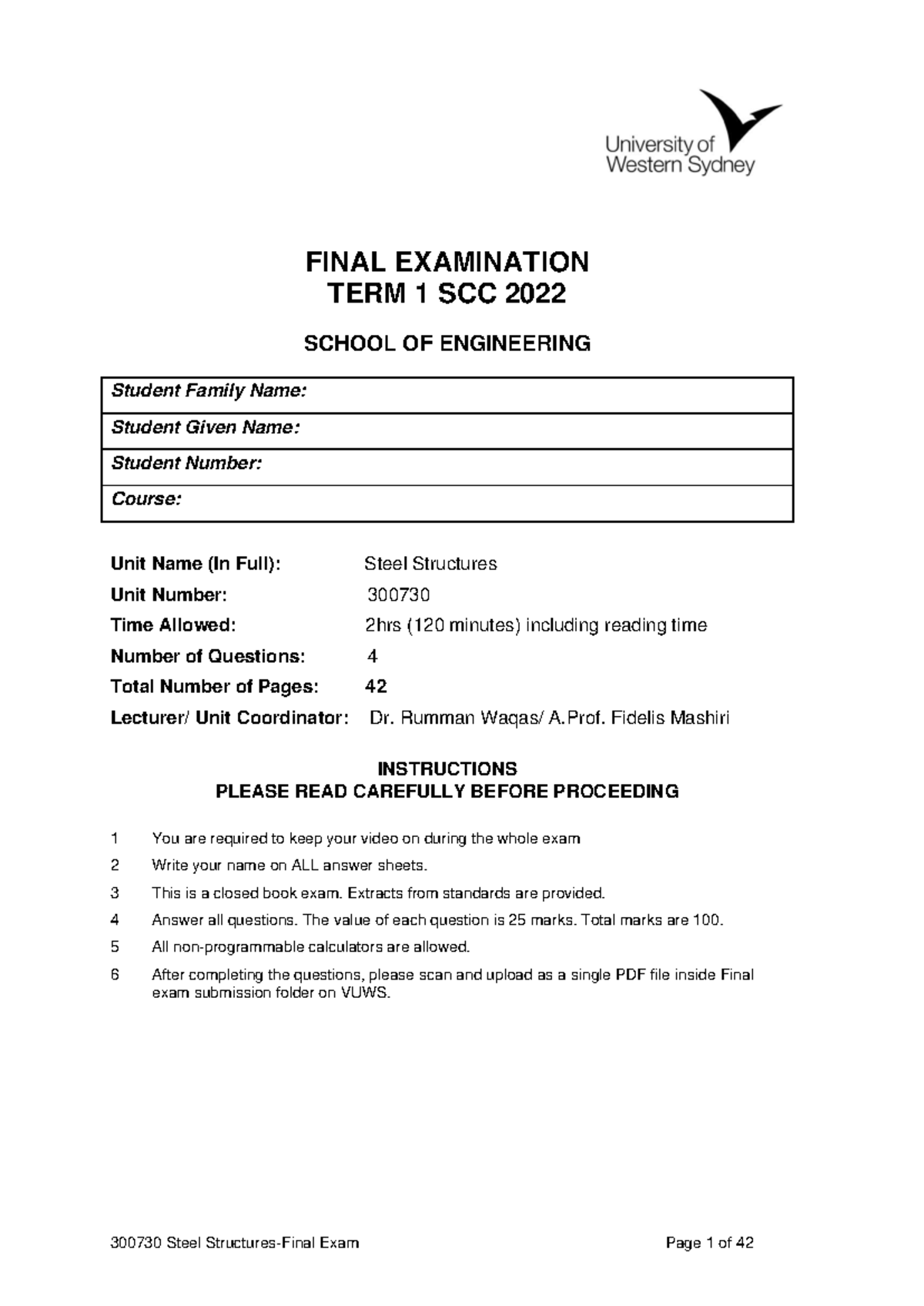 Final Examination-S1 SCC 2022 - 300730 Steel Structures-Final Exam Page ...