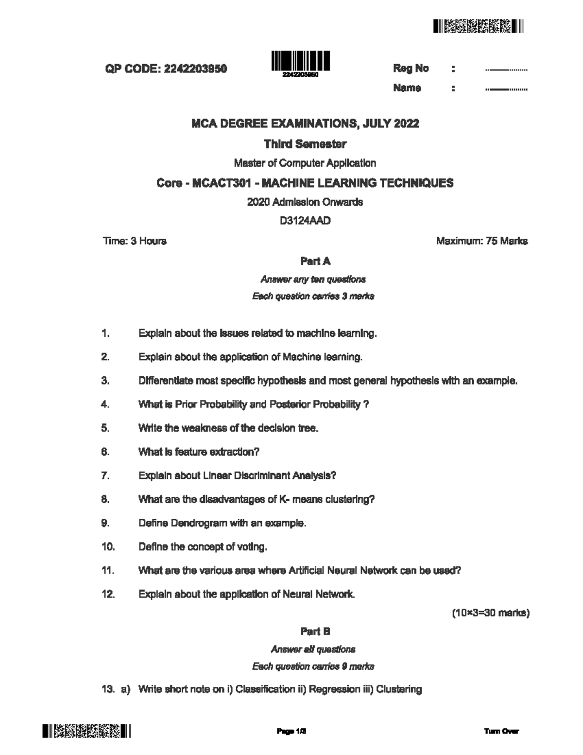 Machine Learning 2022 qp - QP CODE: 2242203950 Reg No : 2242203950 Name : MCA DEGREE ...