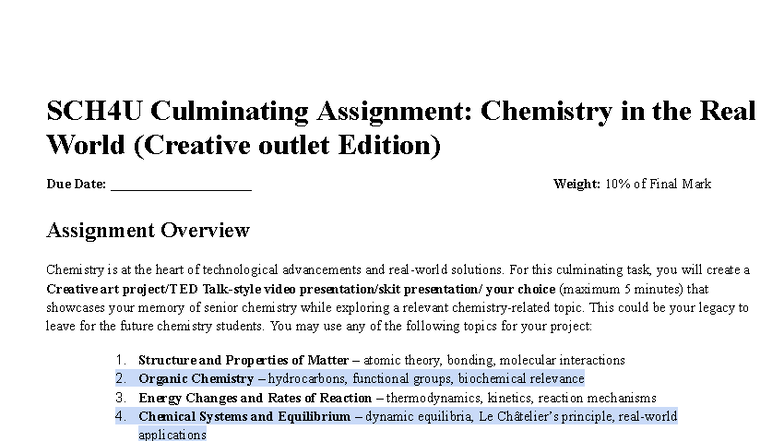 SCH4U Culminating Assignment: Creative Chemistry in the Real World ...