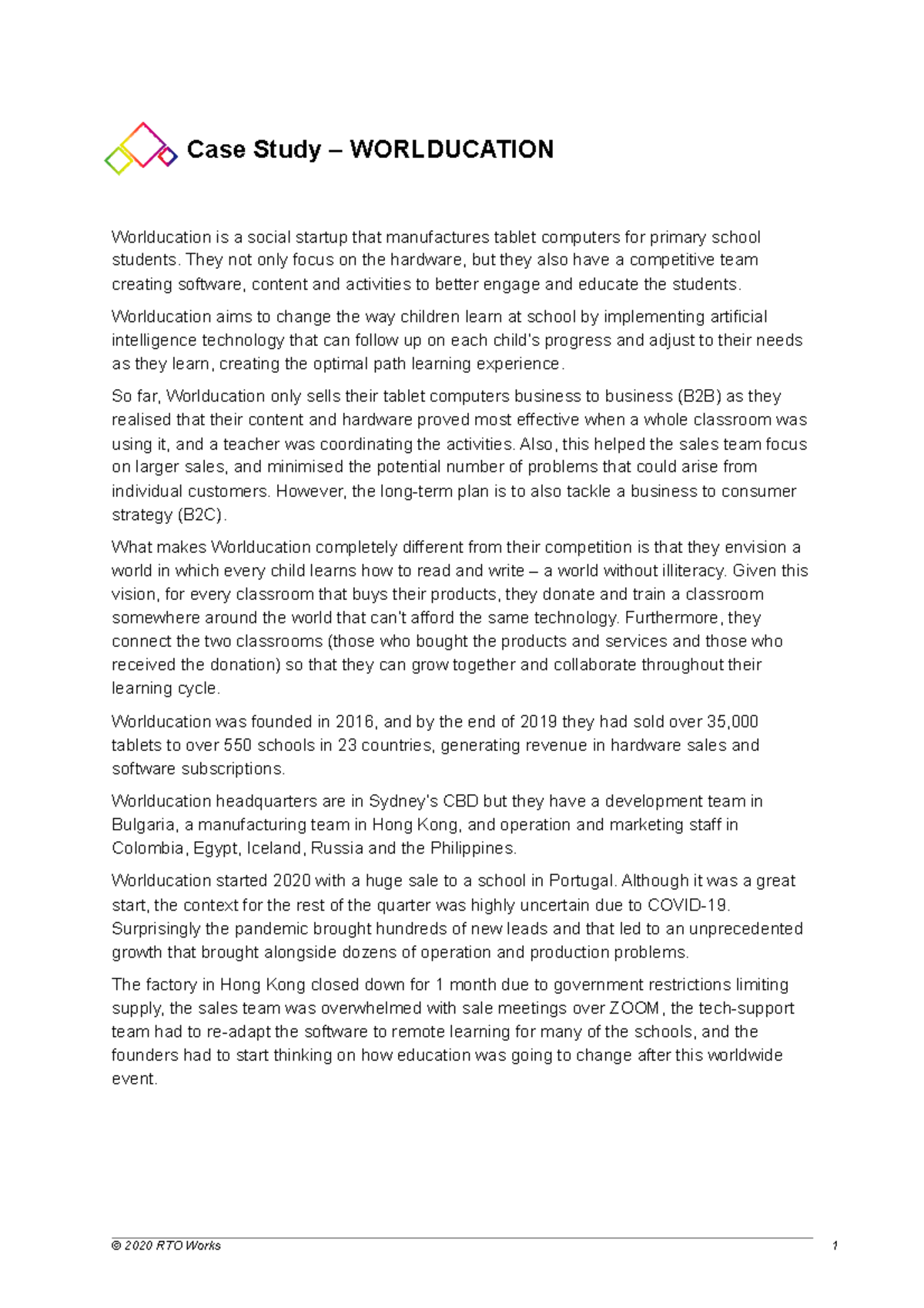Lecture notes BS - Case Study – WORLDUCATION Worlducation is a social ...
