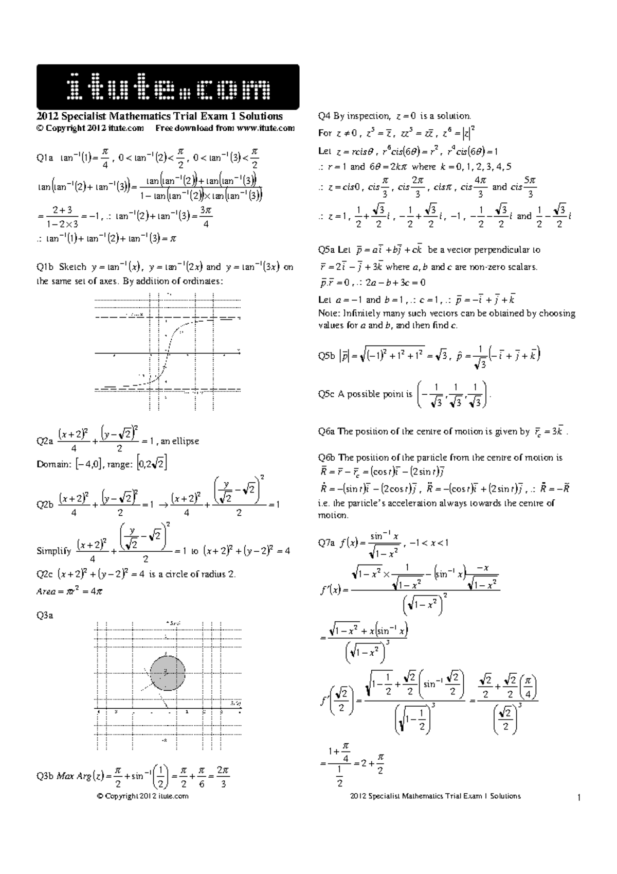 [VCE Specialist] 2012 Specialist Mathematics Trial Exam 1 Solutions - Studocu