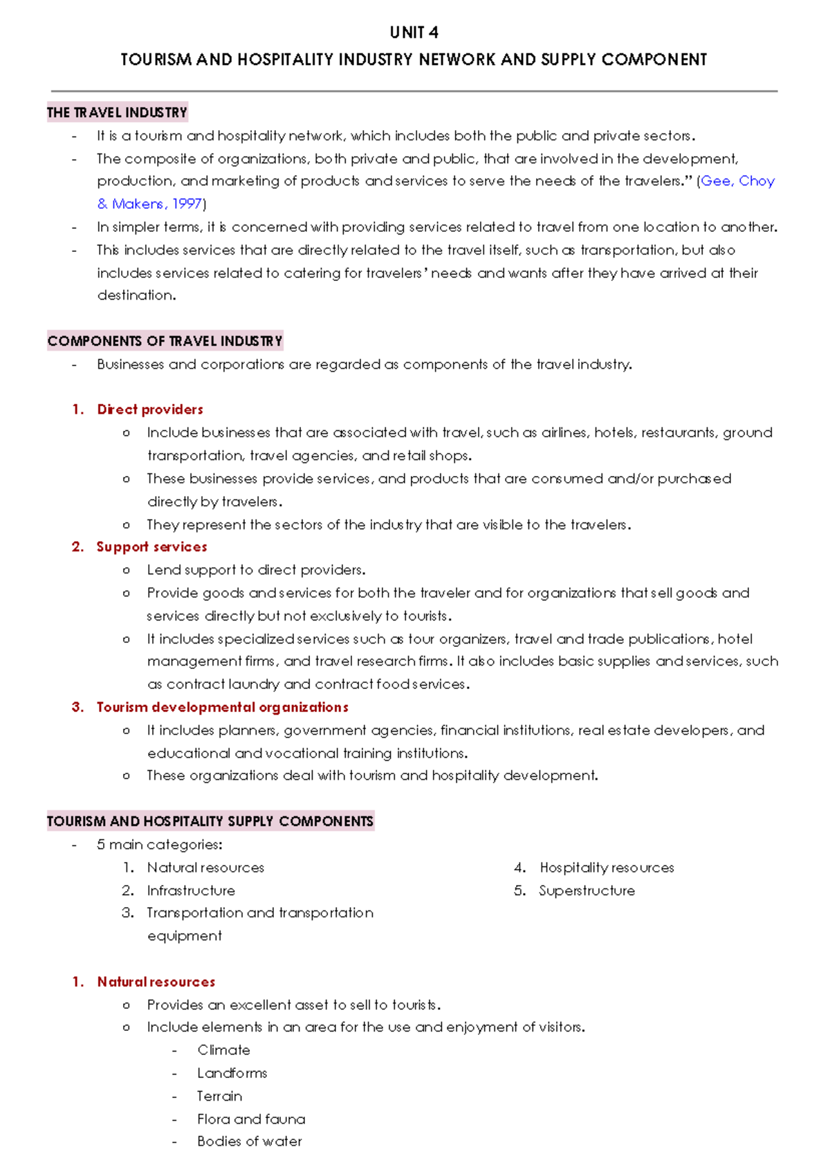 UNIT 4: Overview of Tourism & Hospitality Network & Supply Components ...