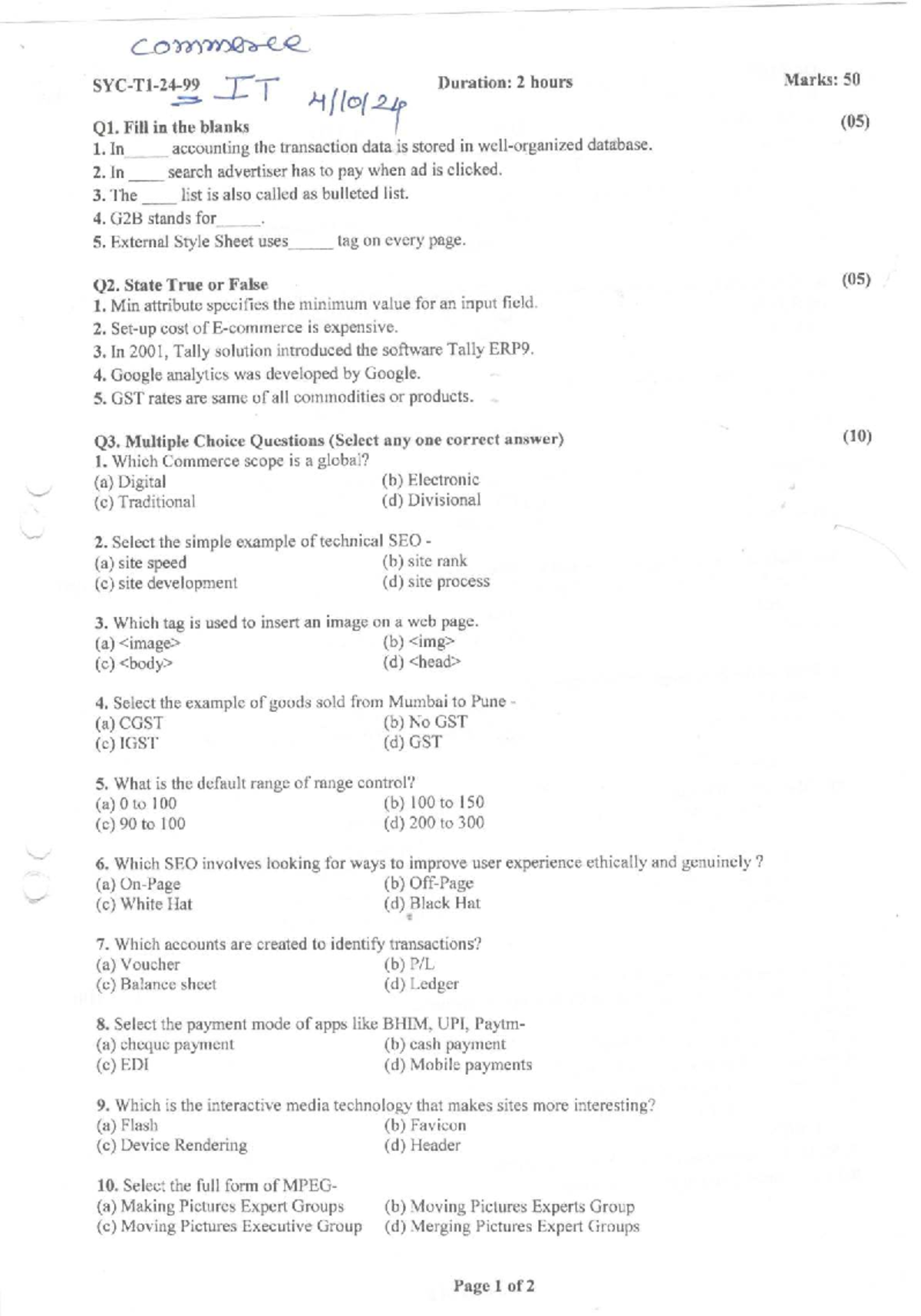 IT Commerce Quiz: Fill in the Blanks, True/False, MCQs - Studocu