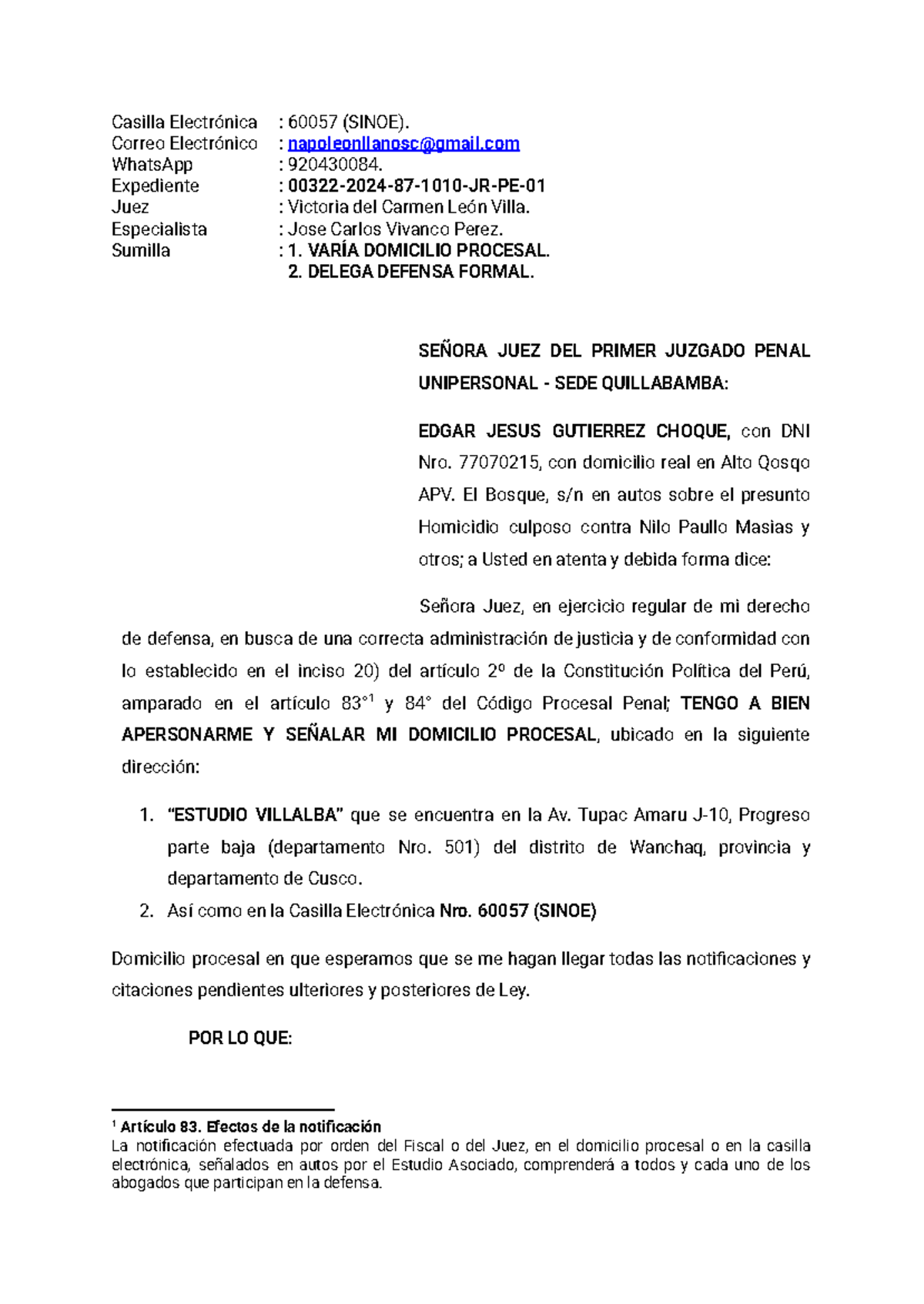 Apersonamiento de Edgar Jesús Gutiérrez Choque en Caso Penal - Studocu