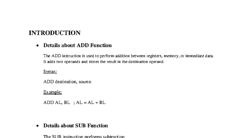 ADD and SUB Functions in Assembly Language (CS101) - Studocu