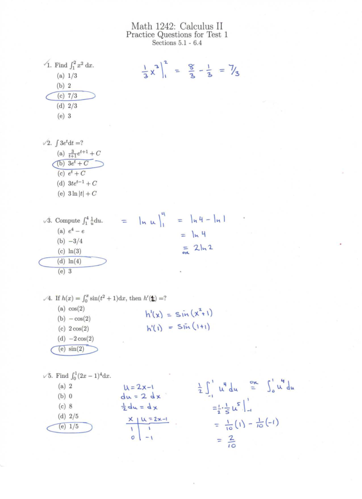 Math 1242: Calculus II Test 1 Practice Questions and Solutions - Studocu