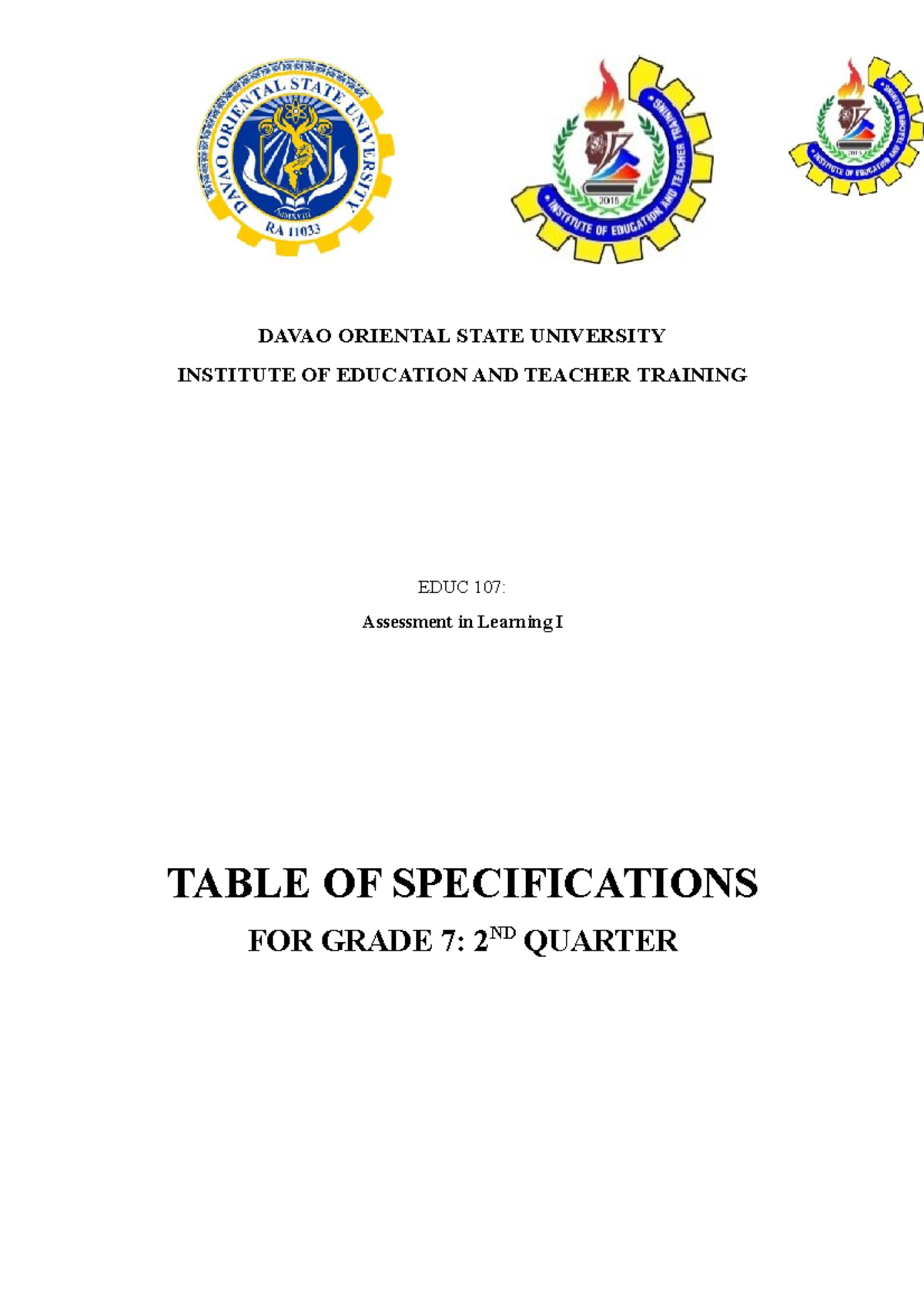 Table of Specifications for Grade 7 English VII: 2nd Quarter - Studocu