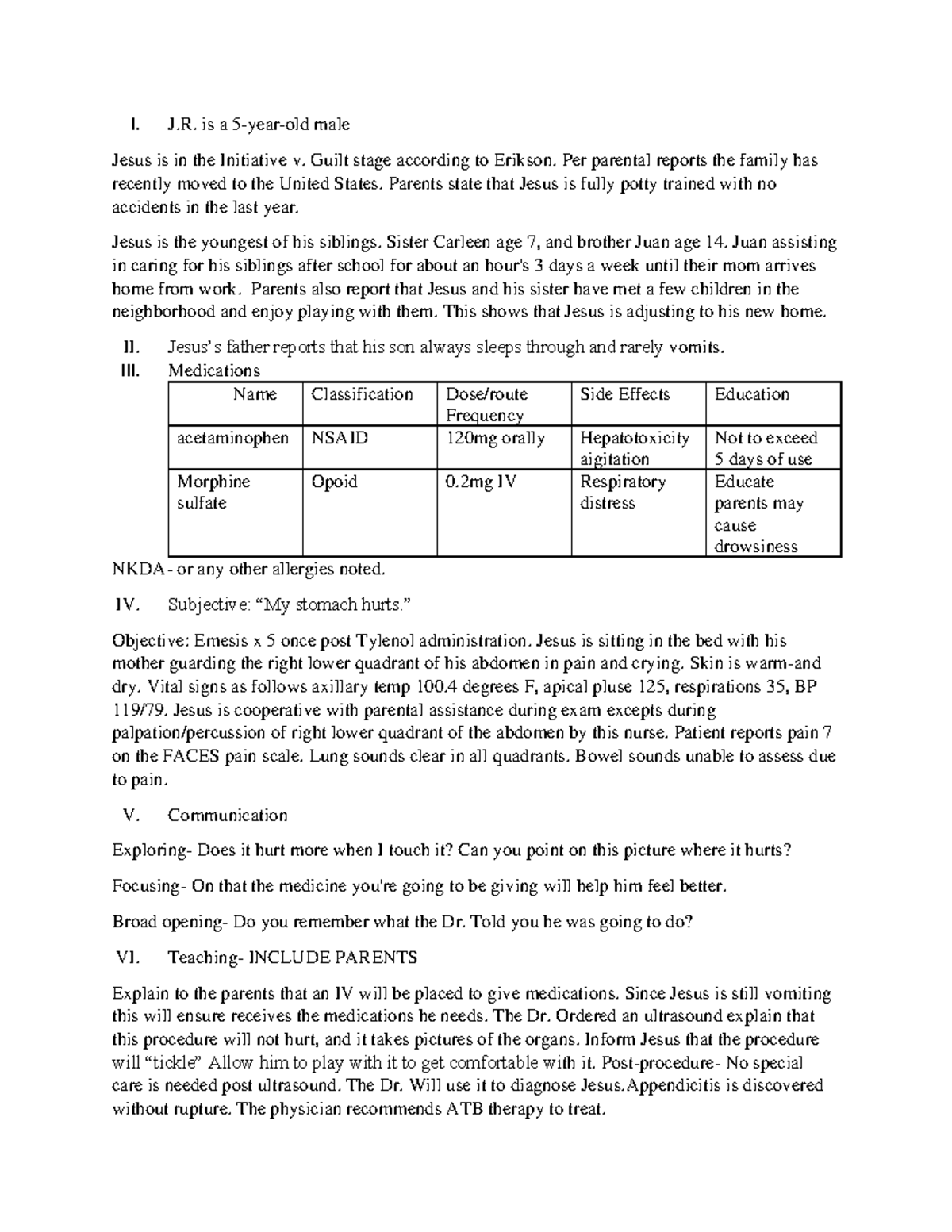 NUR 305 Case Study: Pediatric Patient Jesus & Appendicitis Diagnosis ...
