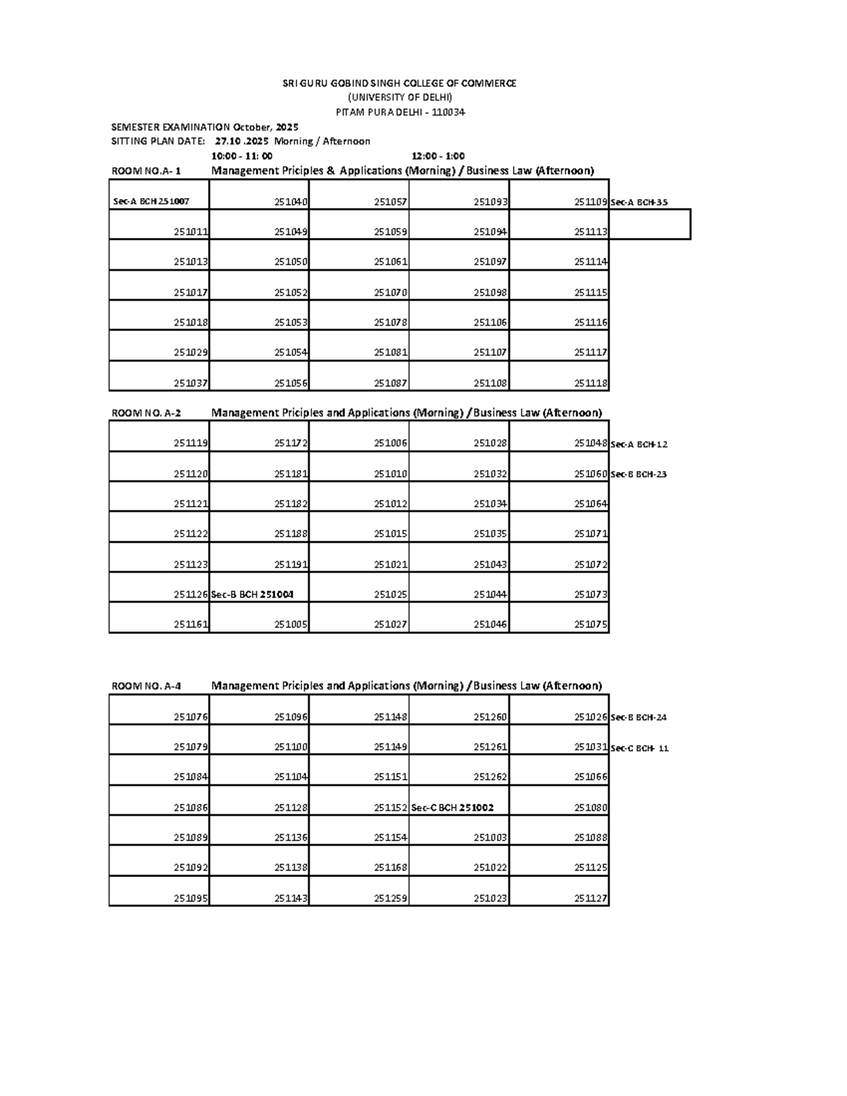 Sitting Plan for Semester Examination - SGGSC, Oct 27, 2025 - Studocu