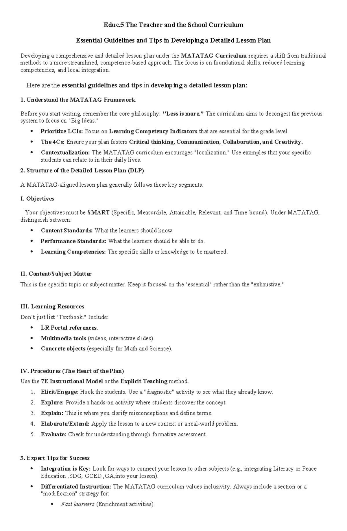 Educ.5 Essential Guidelines for Developing a Detailed Lesson Plan under ...