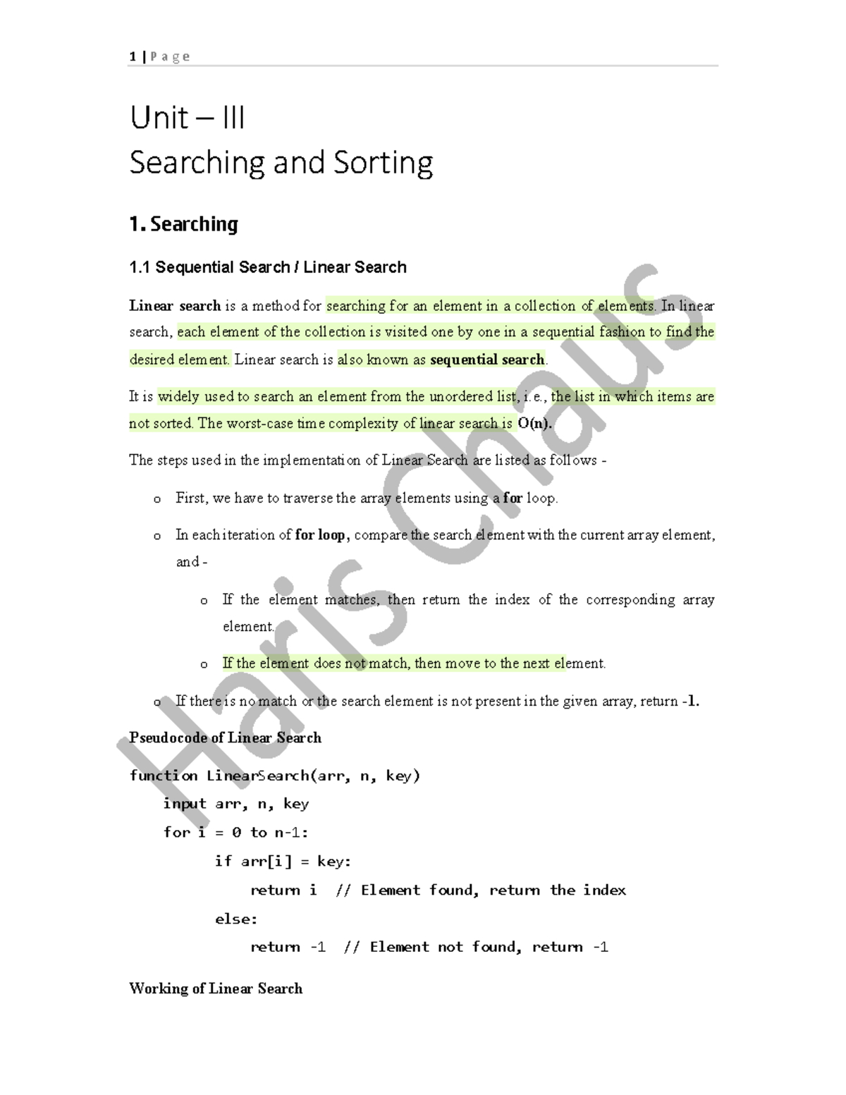 FDS Unit 3 Notes - Unit – III Searching and Sorting 1. Searching 1 ...
