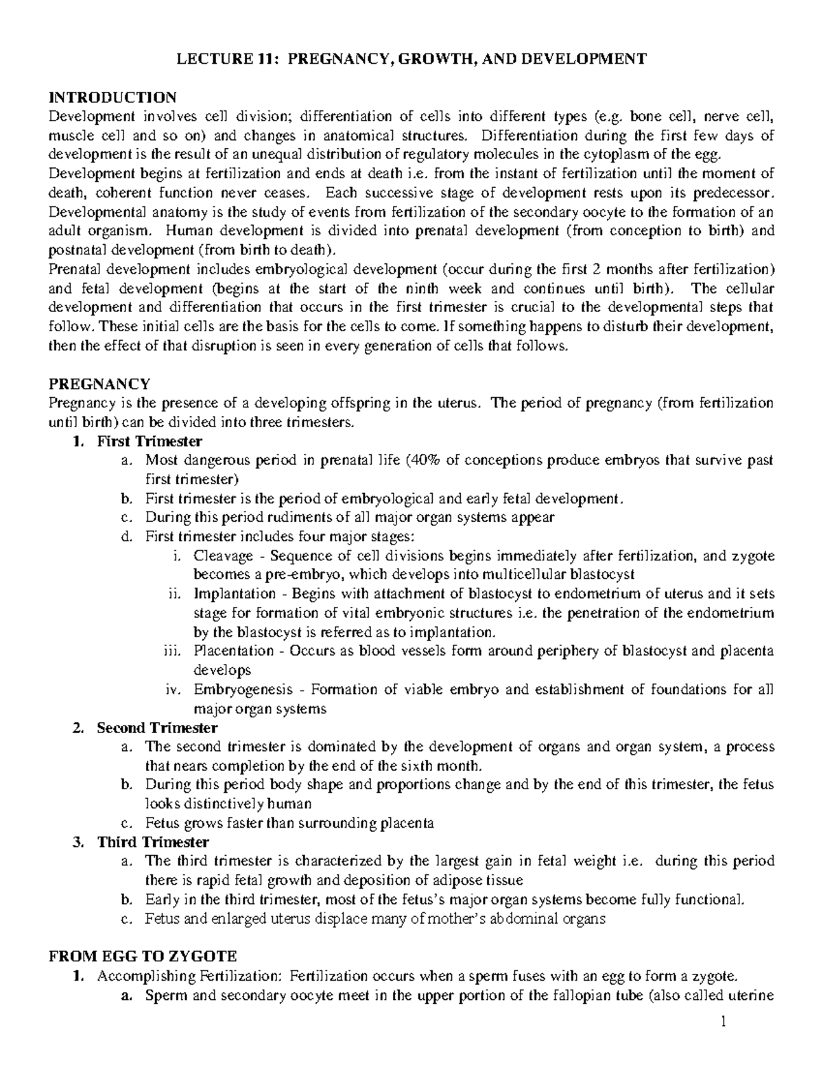 Lecture 11: Pregnancy, Growth, and Development (BSC 101) - LECTURE 11 ...